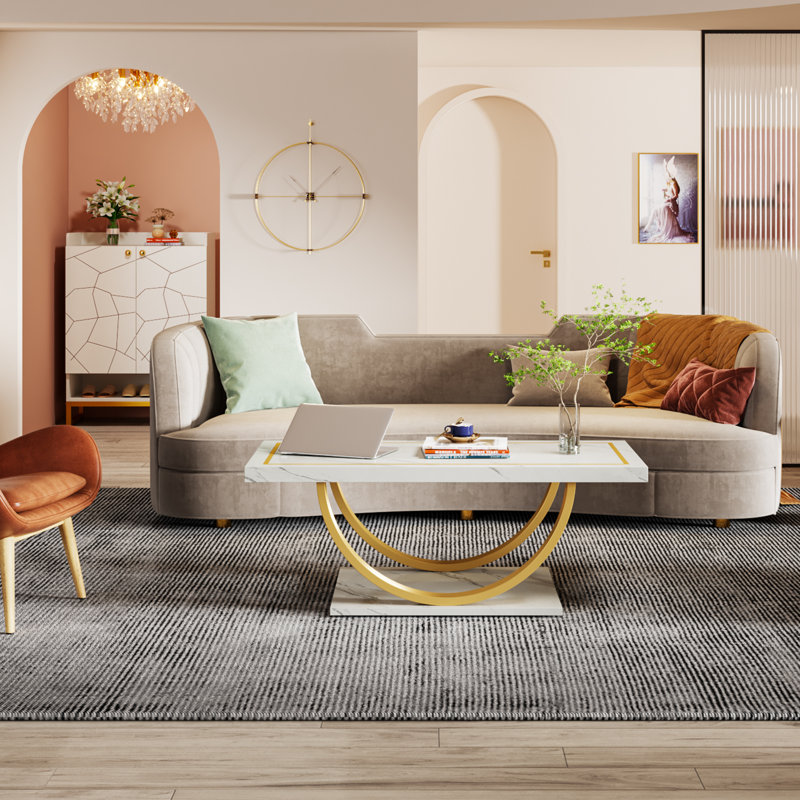 Mercer41 Lokesh White and Gold Low Coffee Table Modern Rectangle Coffee ...