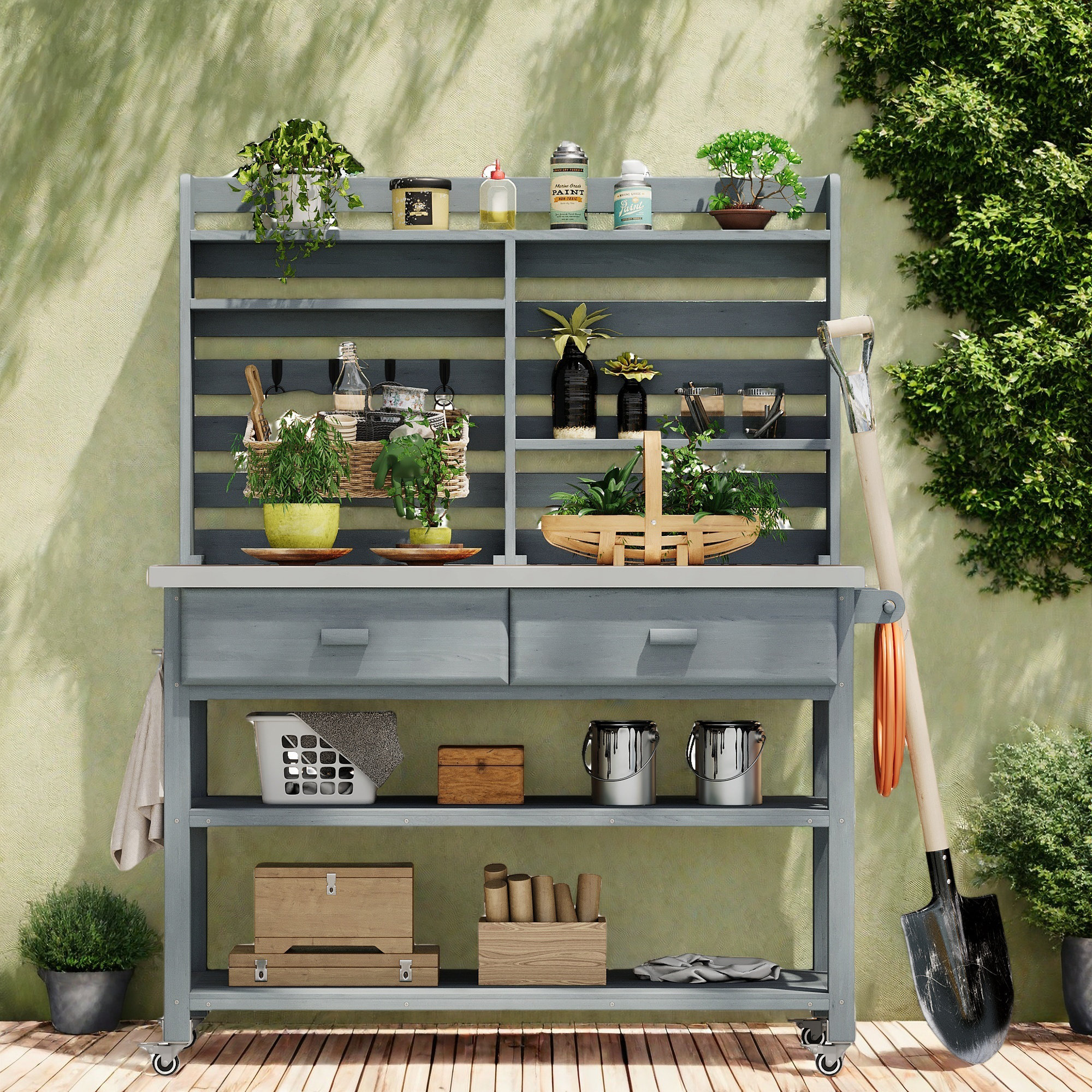 Red Barrel Studio® Outdoor Potting Bench Table With Lockable Wheels ...