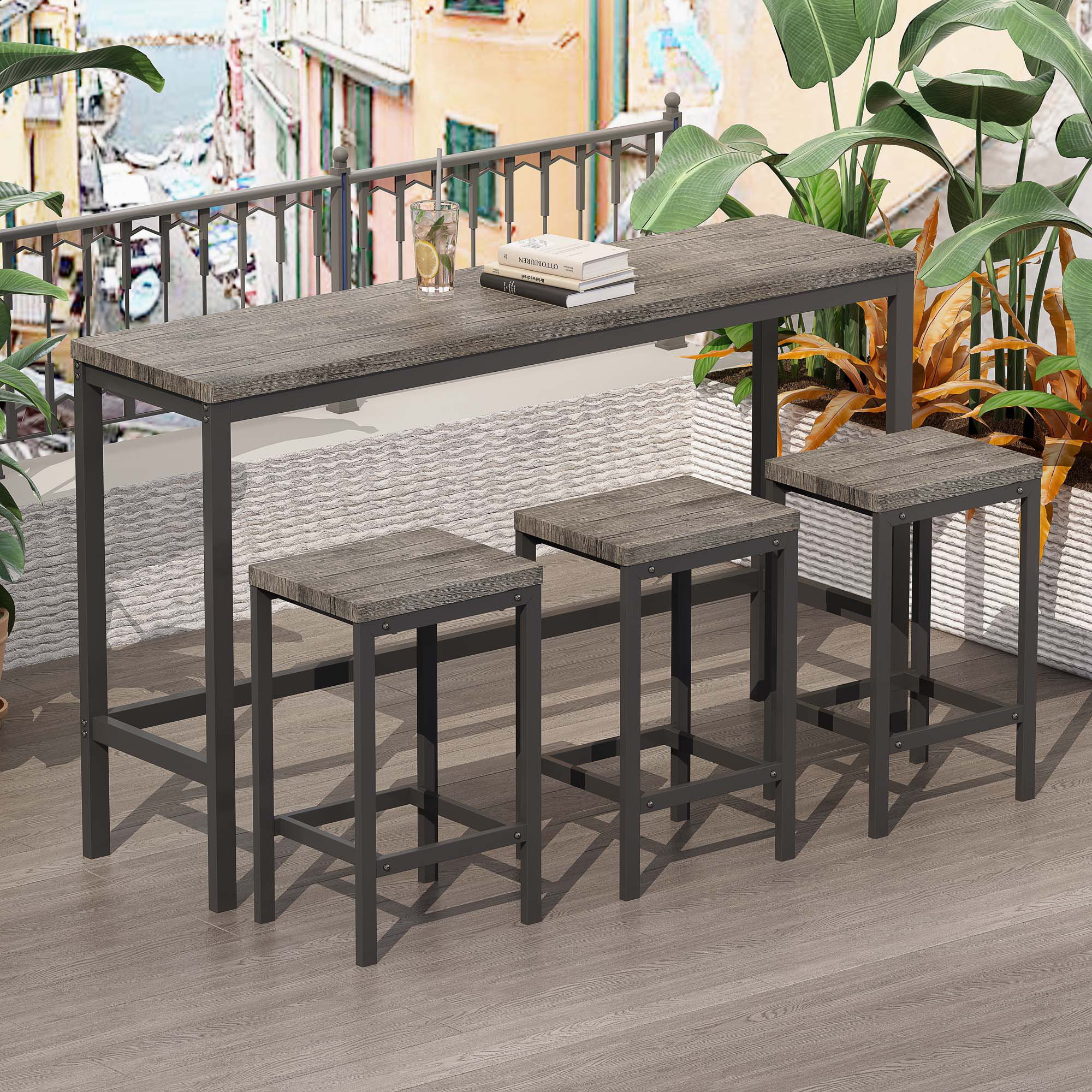 wtressa Long Dining Table Set With 3 Stools | Wayfair