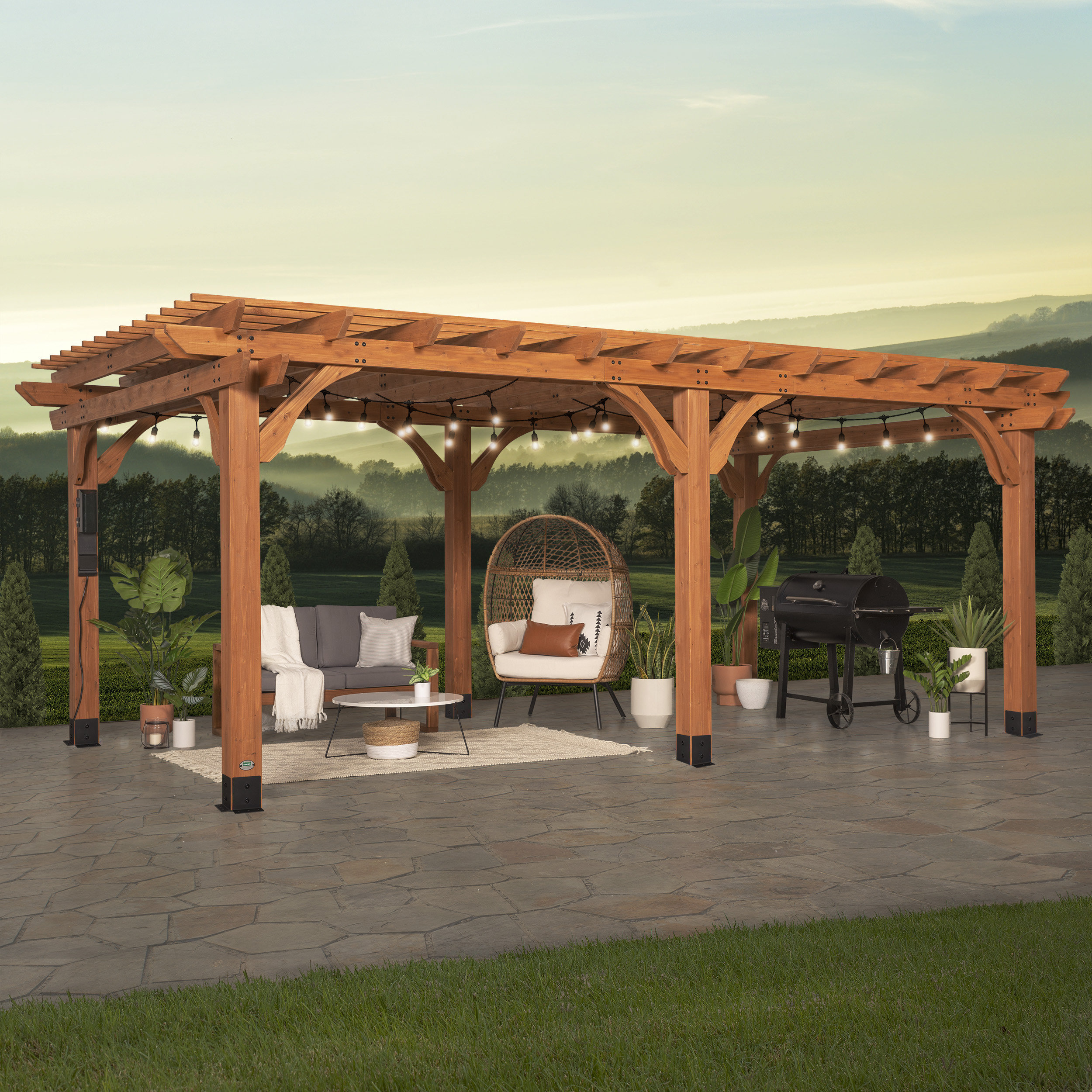 Backyard Discovery Beaumont 20' x 12' Cedar Wood Outdoor Patio Pergola Kit with Trellis Roof and ...