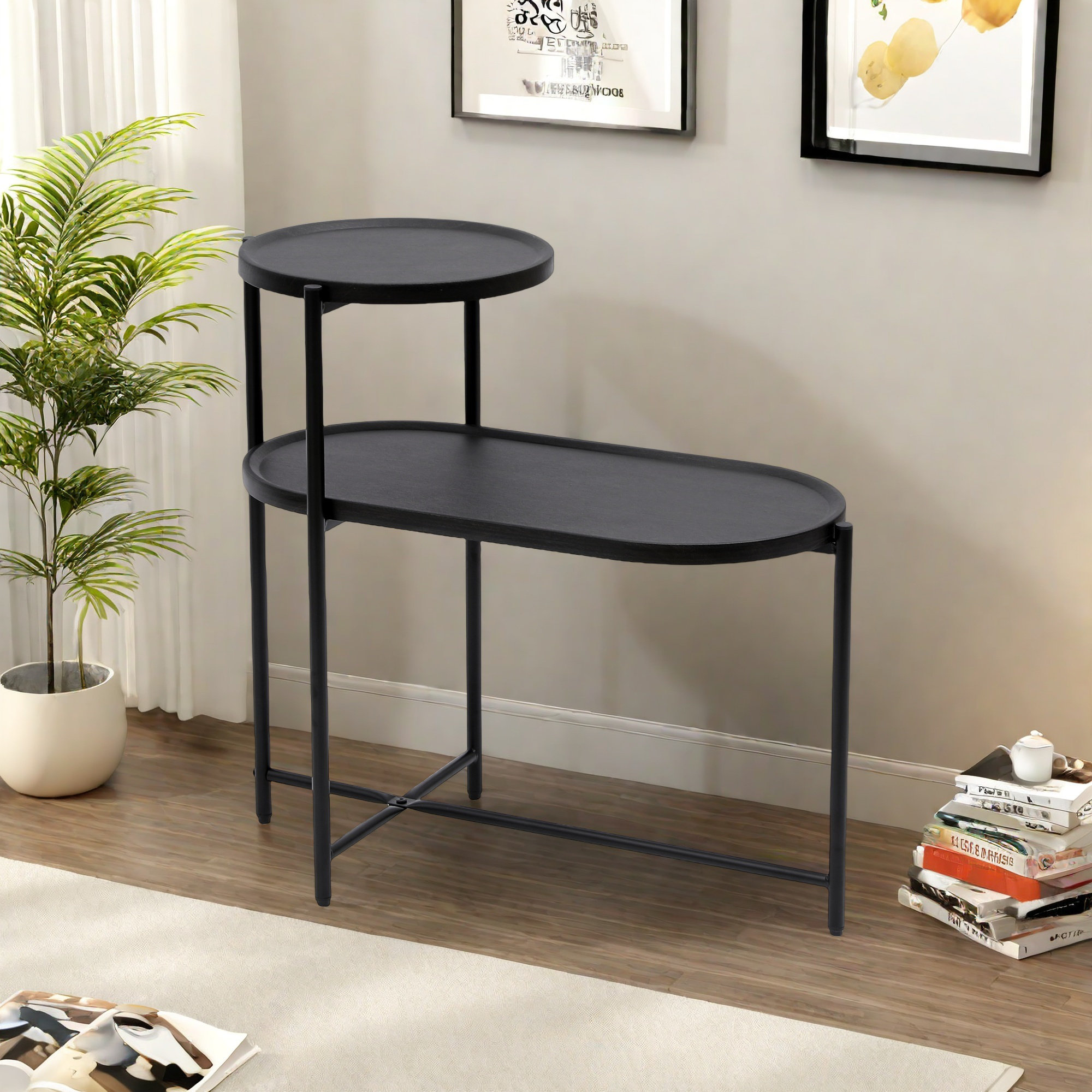 Ebern Designs Round Coffee Table With Storage Tray 2 Tier Oval End ...