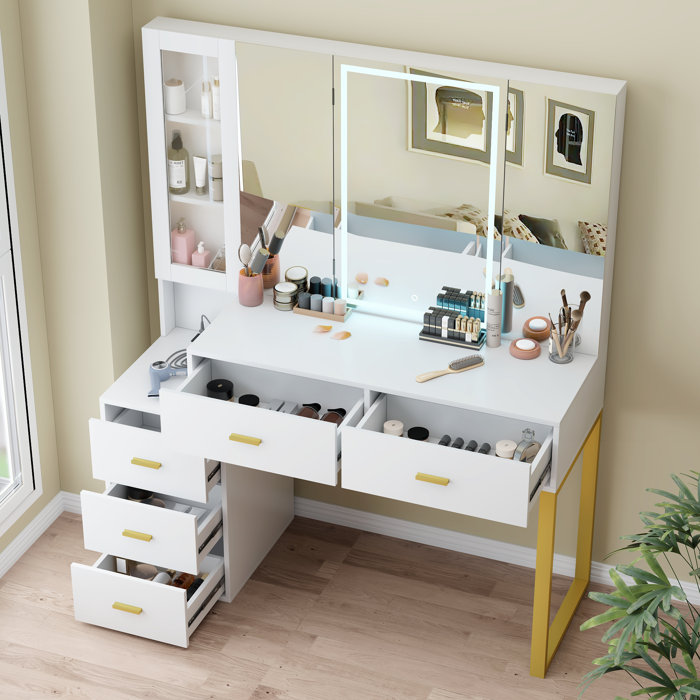 Mercer41 Priansh Vanity Desk with Mirror and Lights, Makeup Vanity with ...