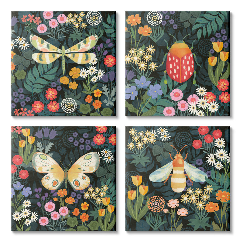 August Grove® Insects Among Wildflowers 4 pc Canvas Wall Art by ...
