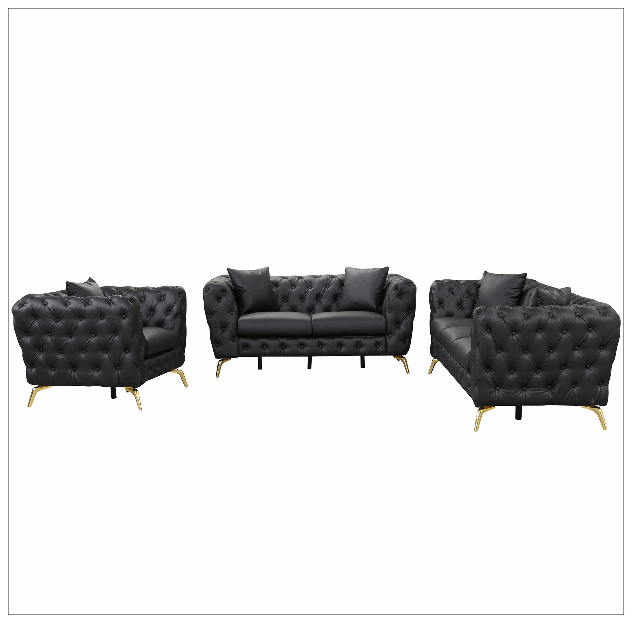 Mercer41 3-Piece Sofa Sets With Sturdy Metal Legs, Button Tufted Back ...