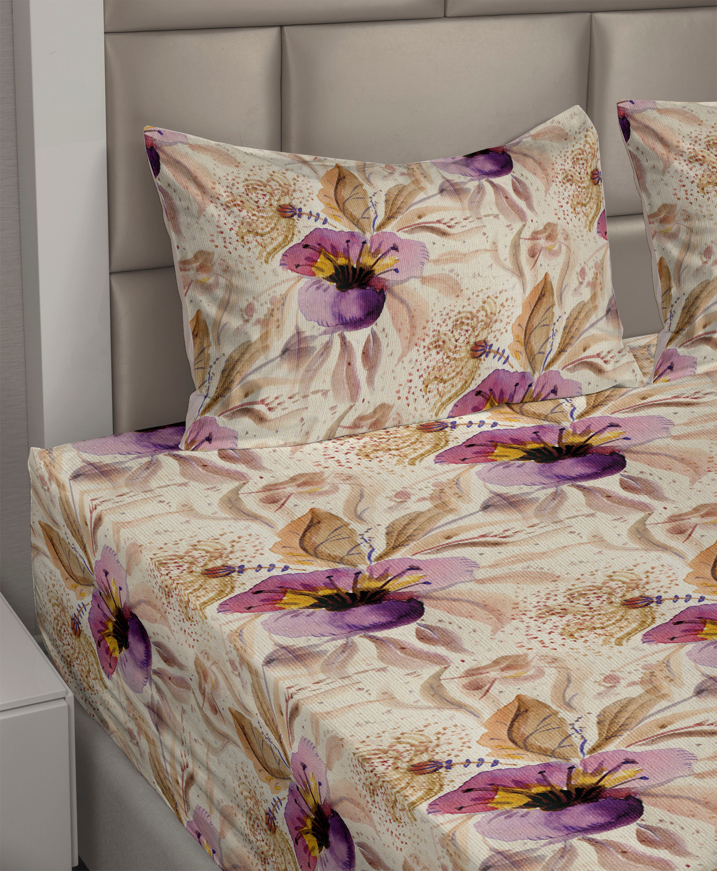 Ambesonne Floral Design Sheet Set Bloom Vintage Neutral Eggplant Lilac ...