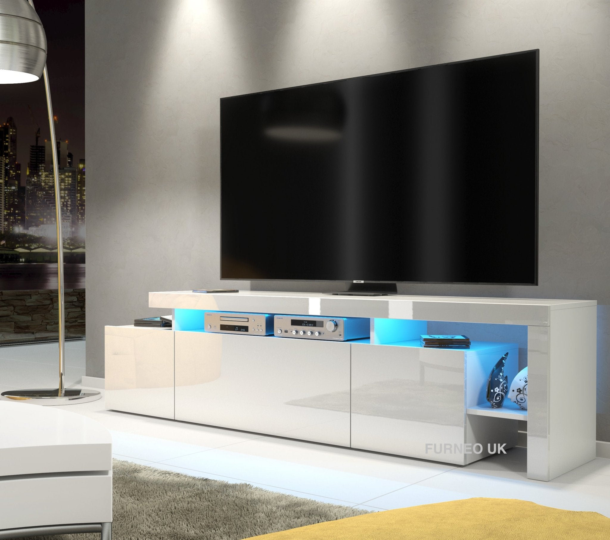 17 Stories Millicent White TV Stand for TVs up to 75in with Blue LED ...