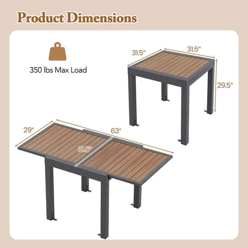 Latitude Run® 31.5"-63" Extendable Patio Table L-shaped Brace Included ...