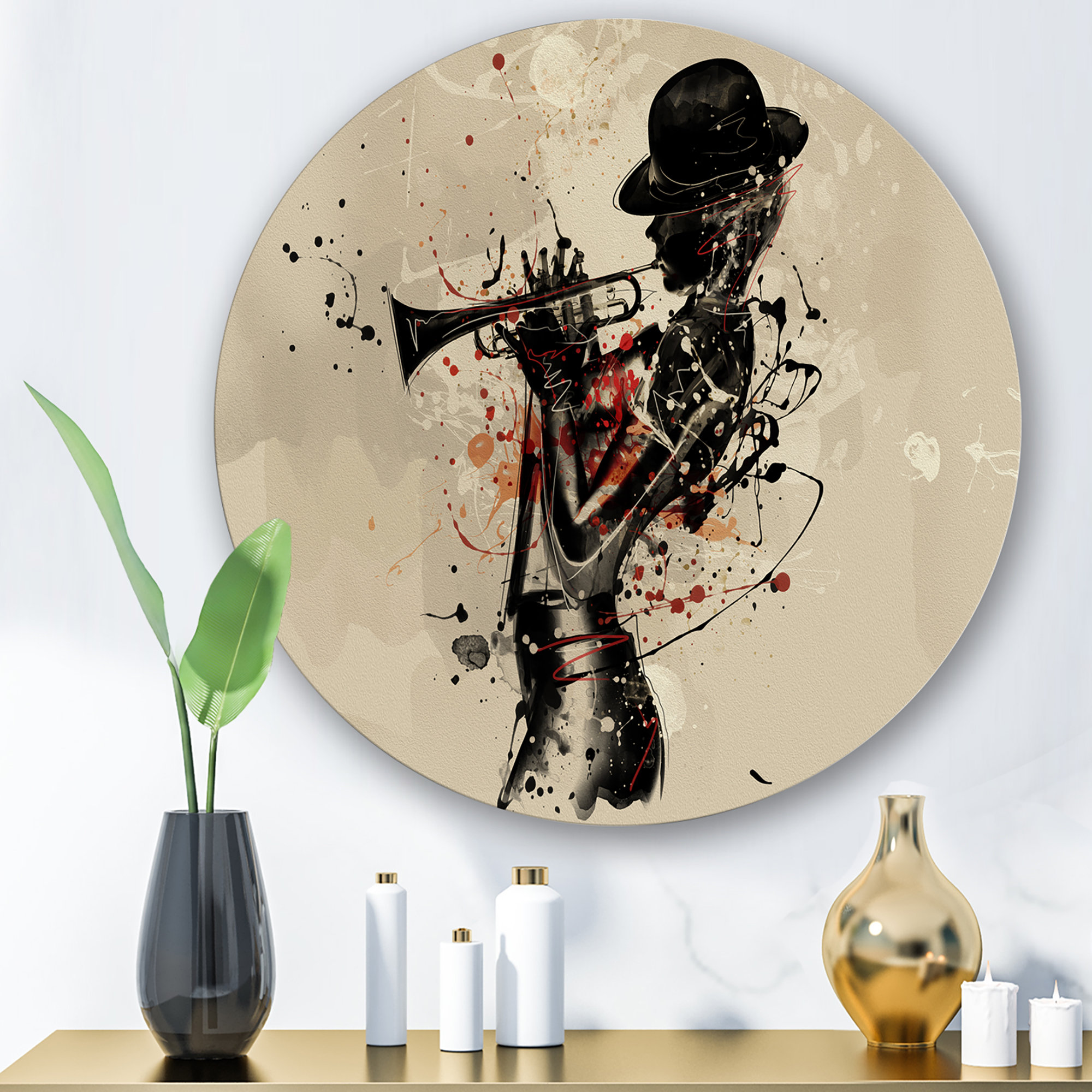 East Urban Home Woman Playing Jazz Trumpet Modern Metal Round Wall Art ...