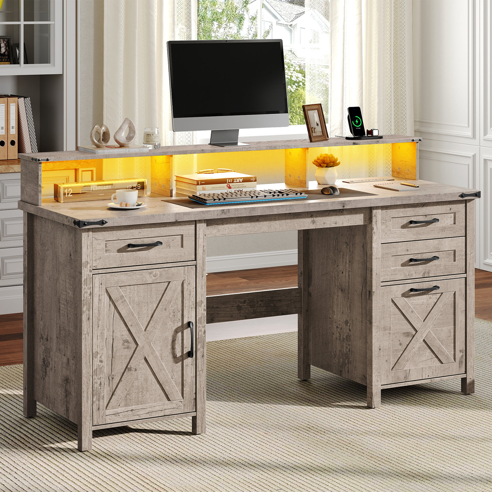 Gracie Oaks Farmhouse Computer Desk with Charging Station & LED Light ...