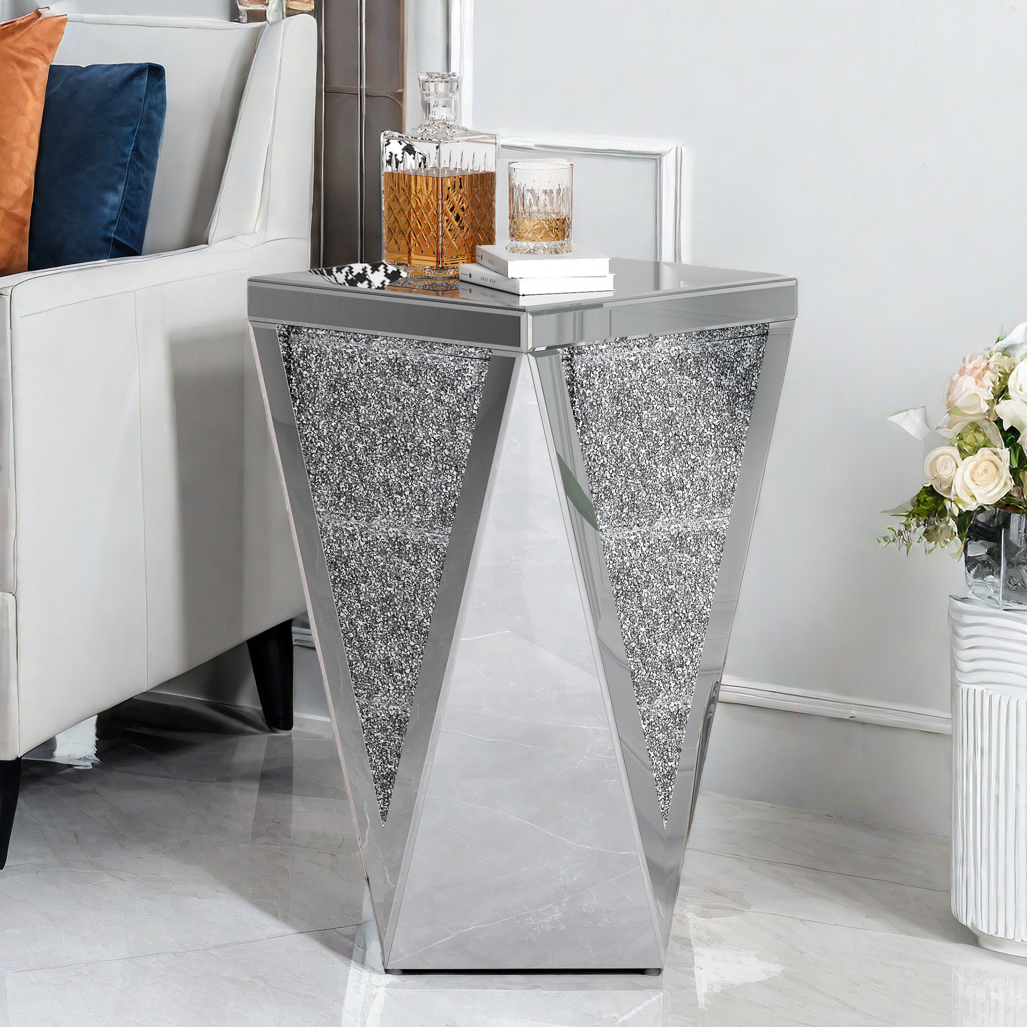 Mercer41 Meidinger Silver Square Mirrored End Table with Crushed ...