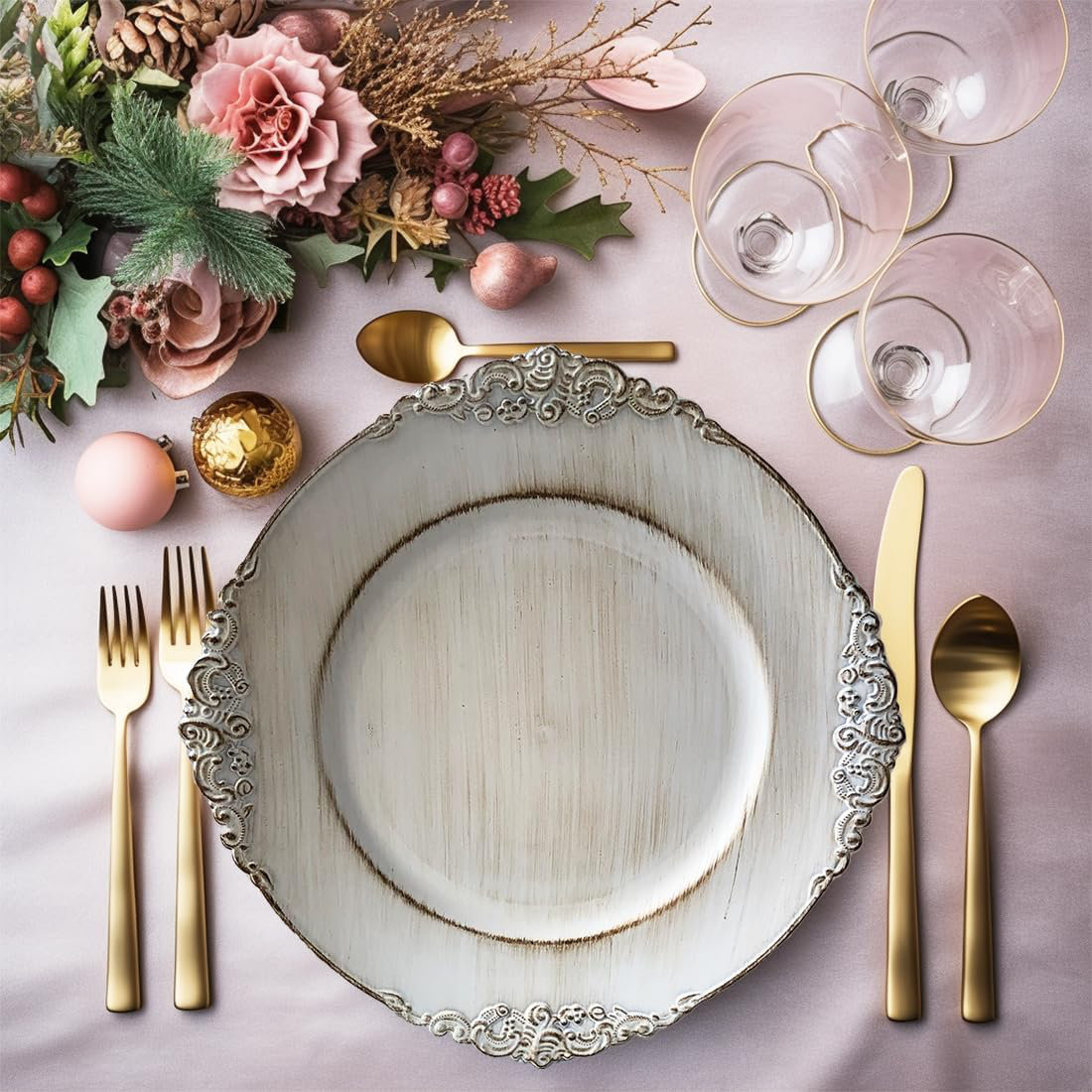 One Allium Way® Set Of 6 Antique White 13" Embossed Plastic Charger ...