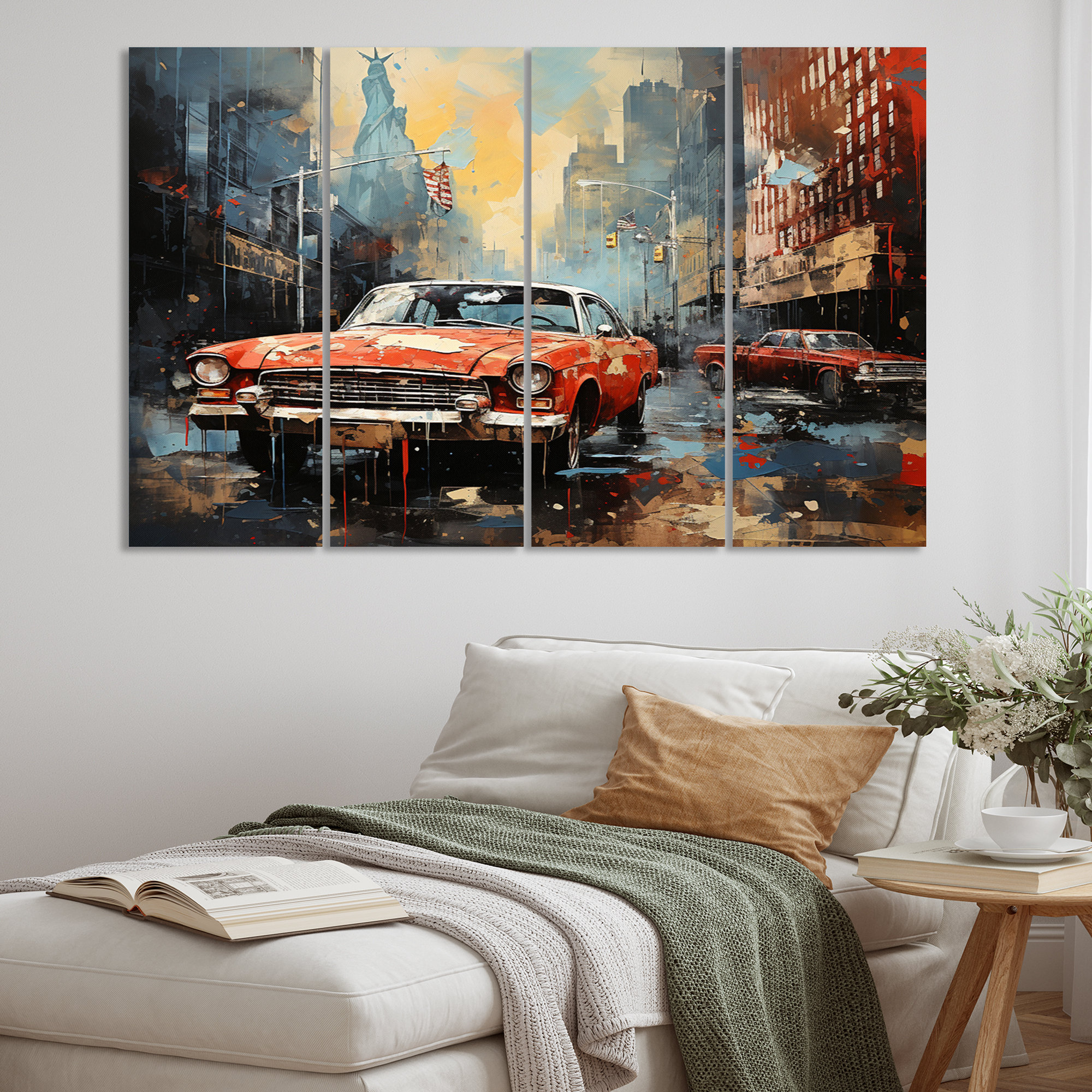 Design Art Vintage Car Collage - Retro Car Canvas Print - 4 Panels ...