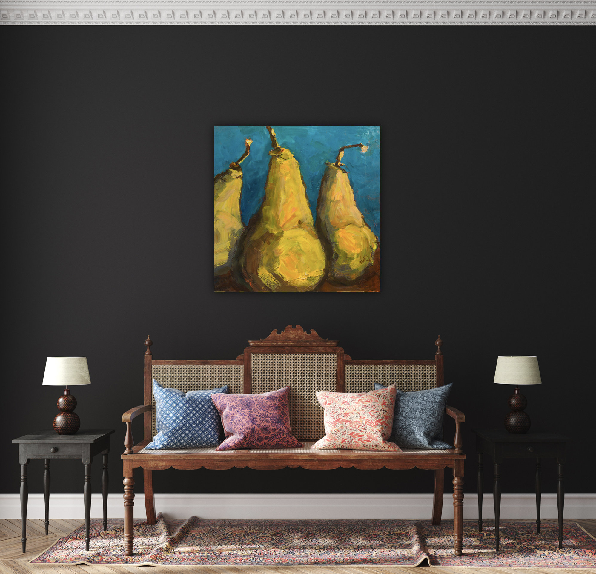 Rosalind Wheeler Pears With Teal - Artist Enhanced Canvas Print | Wayfair