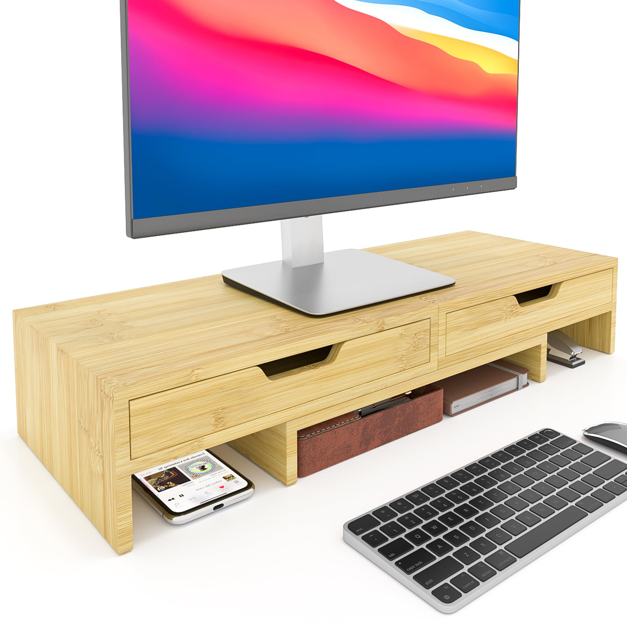 Latitude Run® Monitor Stand With 2 Storage Drawers, Premium Bamboo Dual ...