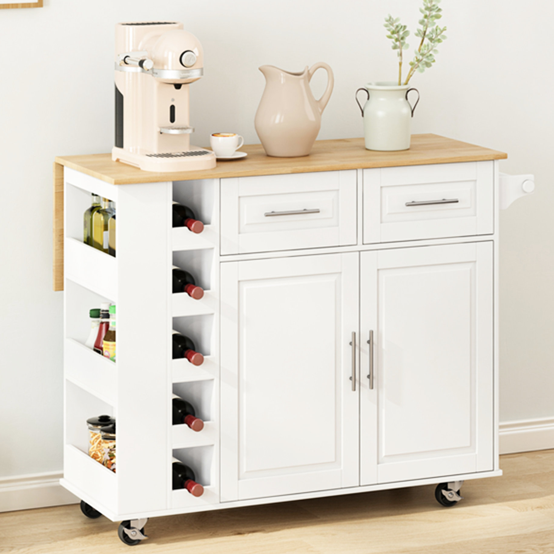 Red Barrel Studio® White Kitchen Island With 2 Cabinets, Drawers ...