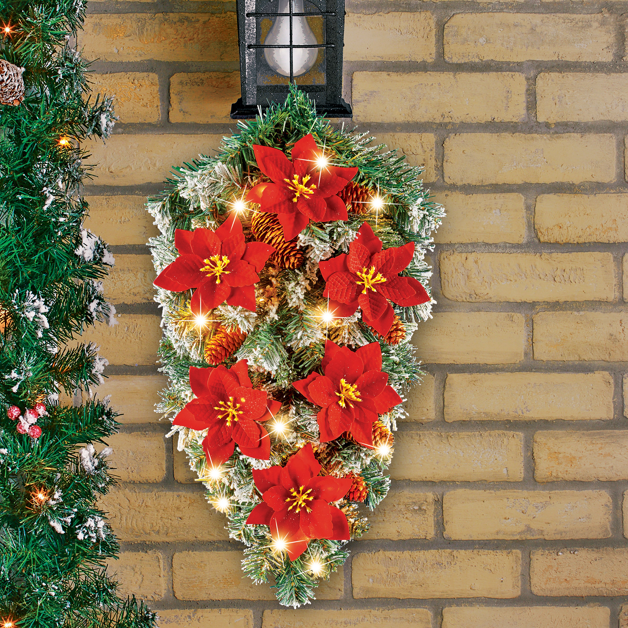 The Holiday Aisle® LED Lighted Poinsettia Pine Swag With 6-Hour Timer ...