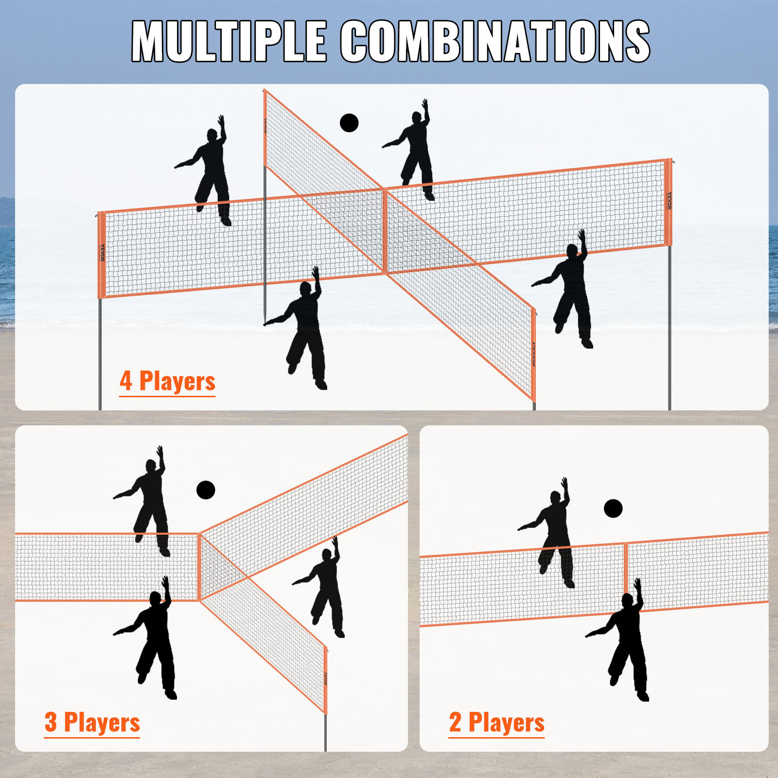 VEVOR 4-Way Volleyball Net Adjustable Volleyball Game Set with Ball ...