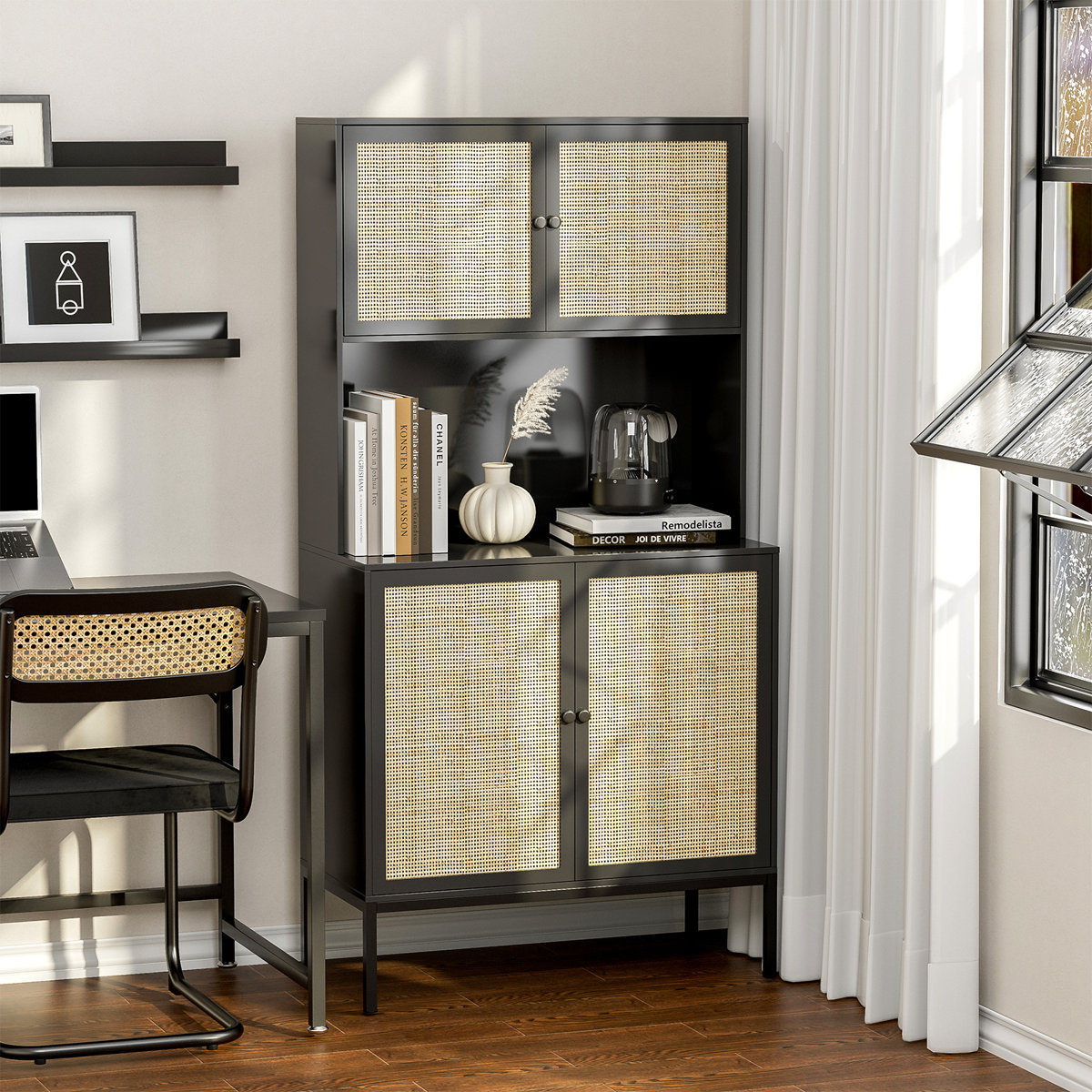 Bay Isle Home™ Manel Kitchen Pantry Rattan Storage Cabinet With Outlet ...