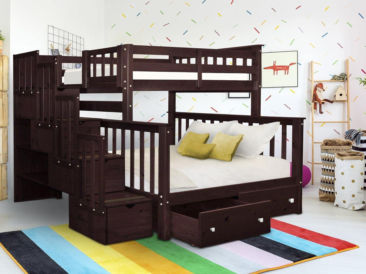 ERTCHUE RIED Twin Over Full Stairway Bunk Bed With 4 Stair Drawers And ...