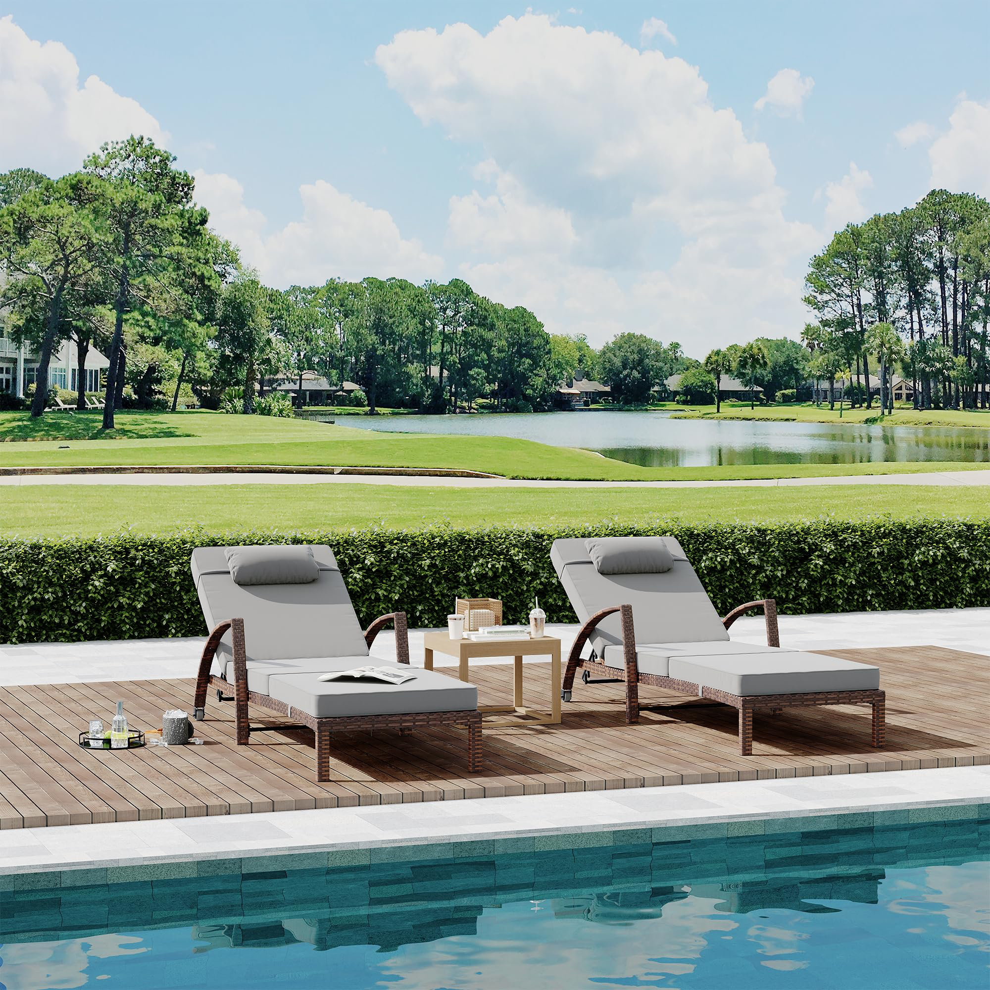 Latitude Run® Chaise Lounge Chairs Set Of 2, PE Rattan Wicker Pool ...