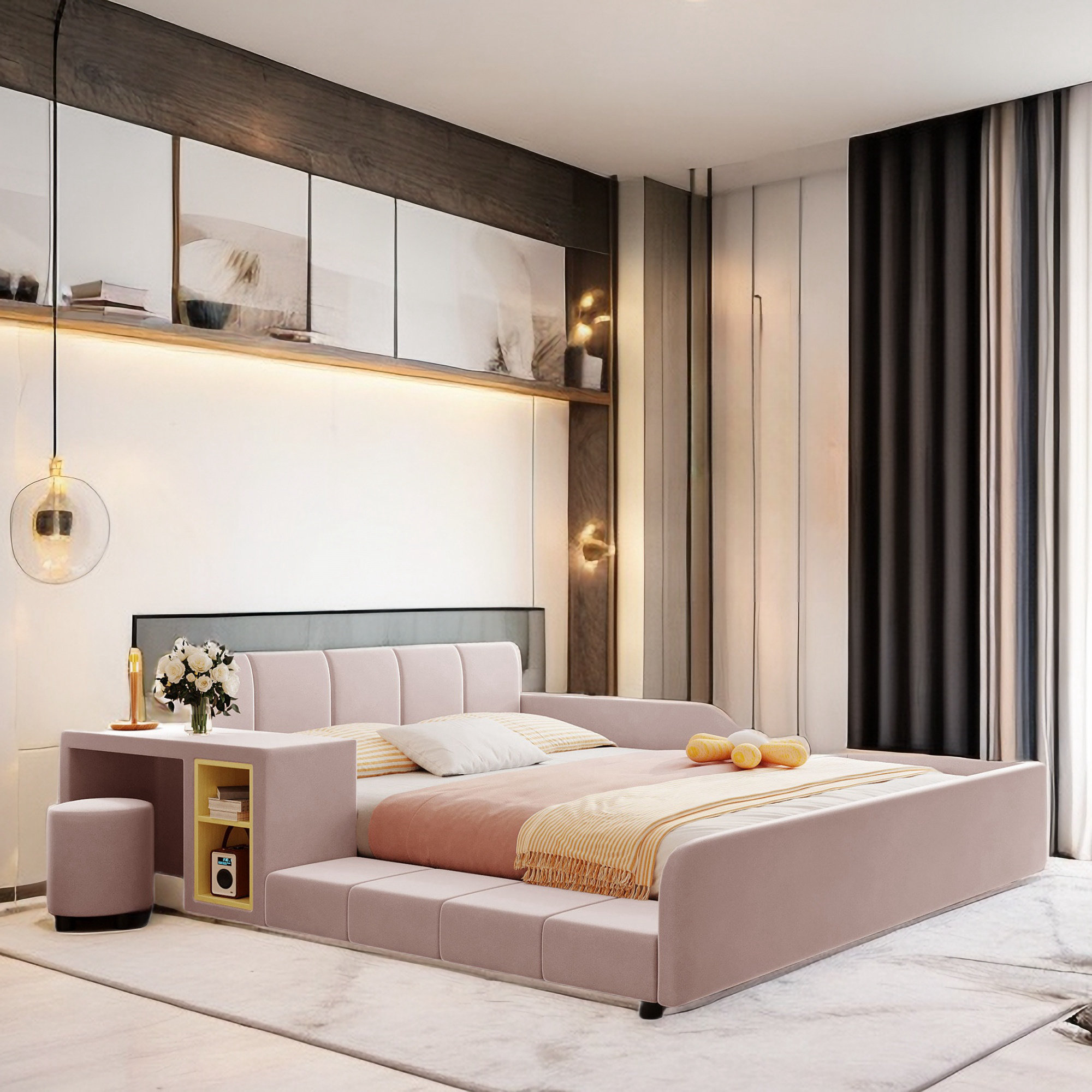 Mercer41 Xannon Upholstered Grounded Bed with Bedside Desk and Little ...