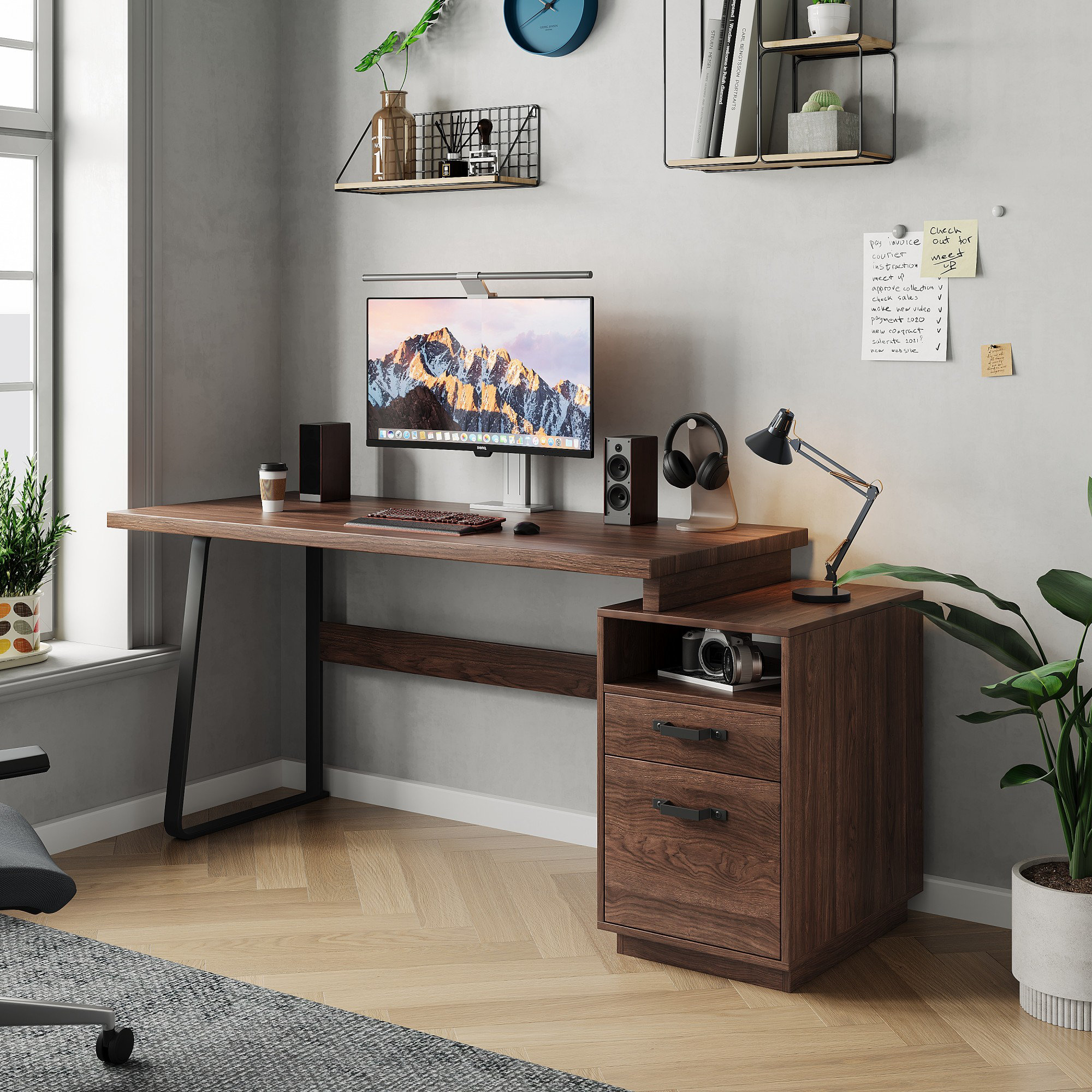 17 Stories Kosti Home Office Computer Desk with 2 Drawers and Shelves ...
