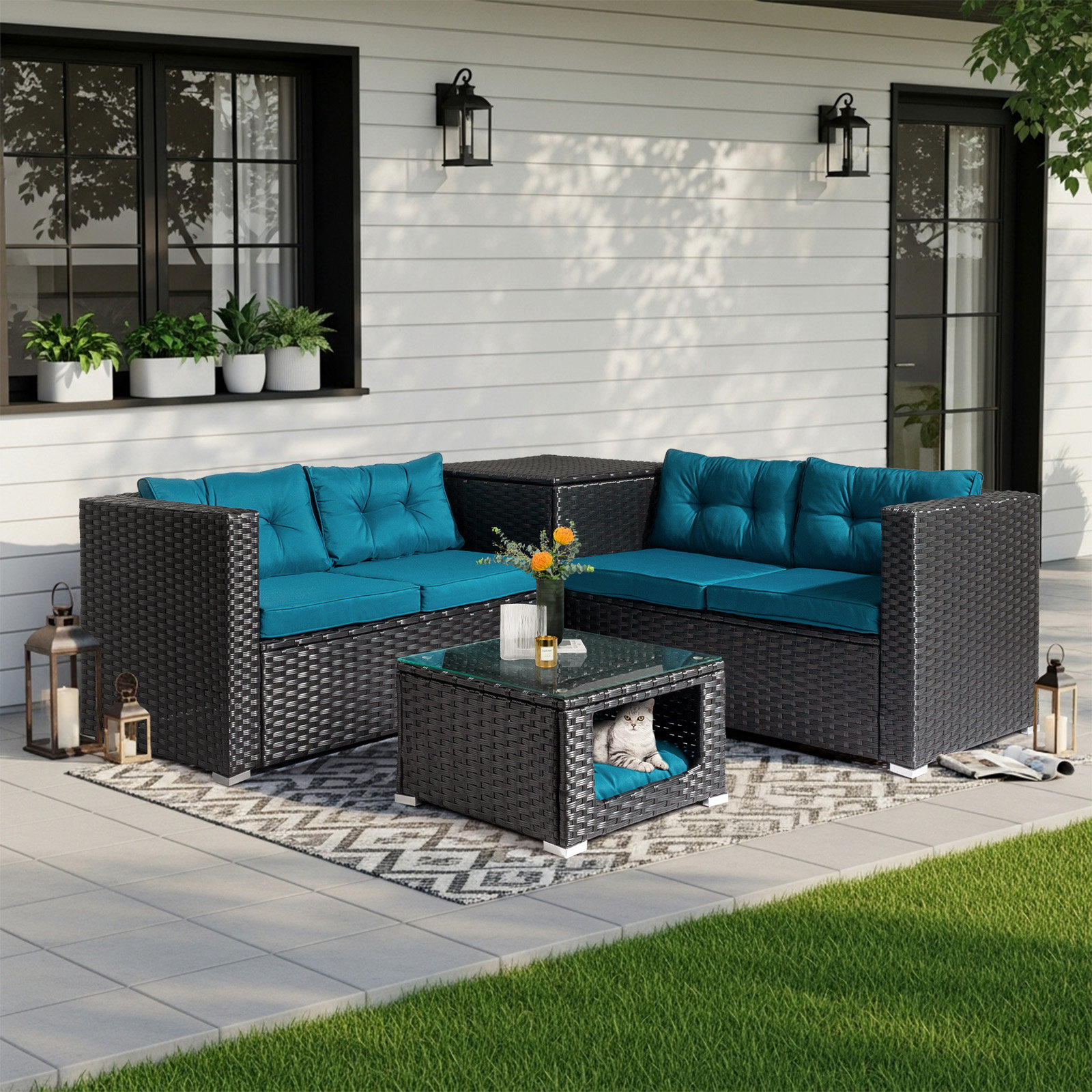 Ebern Designs Patio 4-Piece Wicker Conversation Set With Cushions | Wayfair