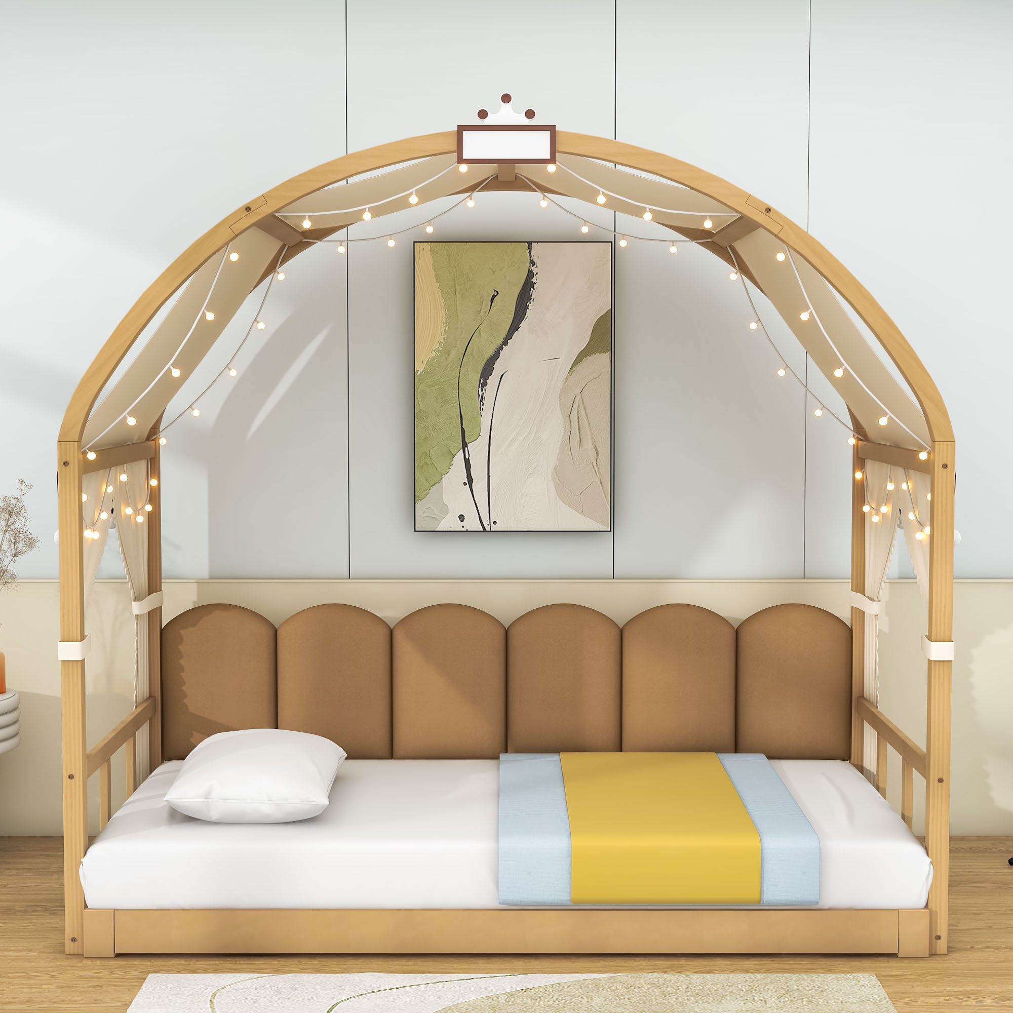 Lark Manor™ Twin Wooden Canopy Bed with Integrated Tent, Light Strip, and Interactive Whiteboard ...