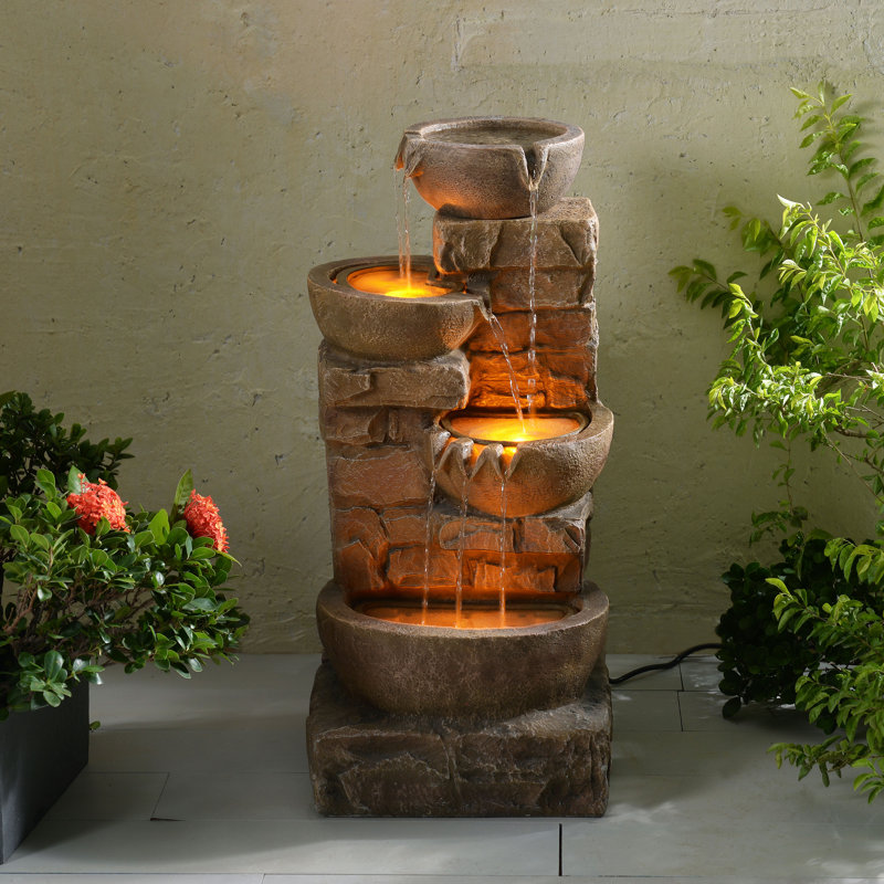 Ivy Bronx Cuvier Cascading Bowls & Stacked Stones LED Outdoor Water ...