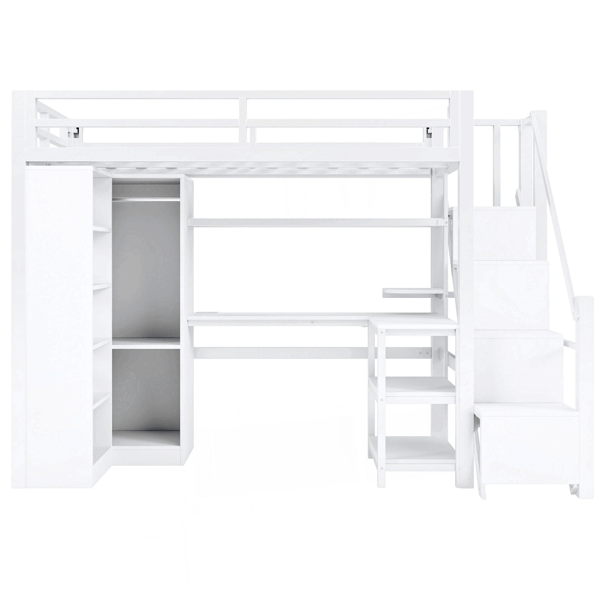 Harriet Bee Metal Bed With Desk, USB Ports, 5-Layer Shelf, Wardrobe And ...