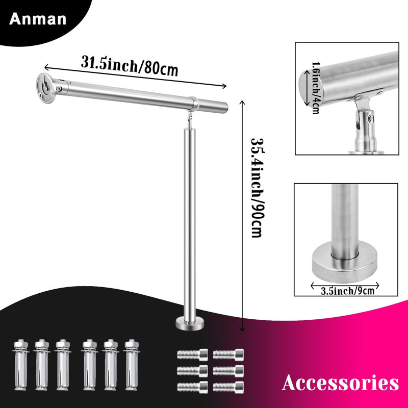 Anman Transitional Handrail Adjustable Angle w/ Wall Fittings and Metal ...