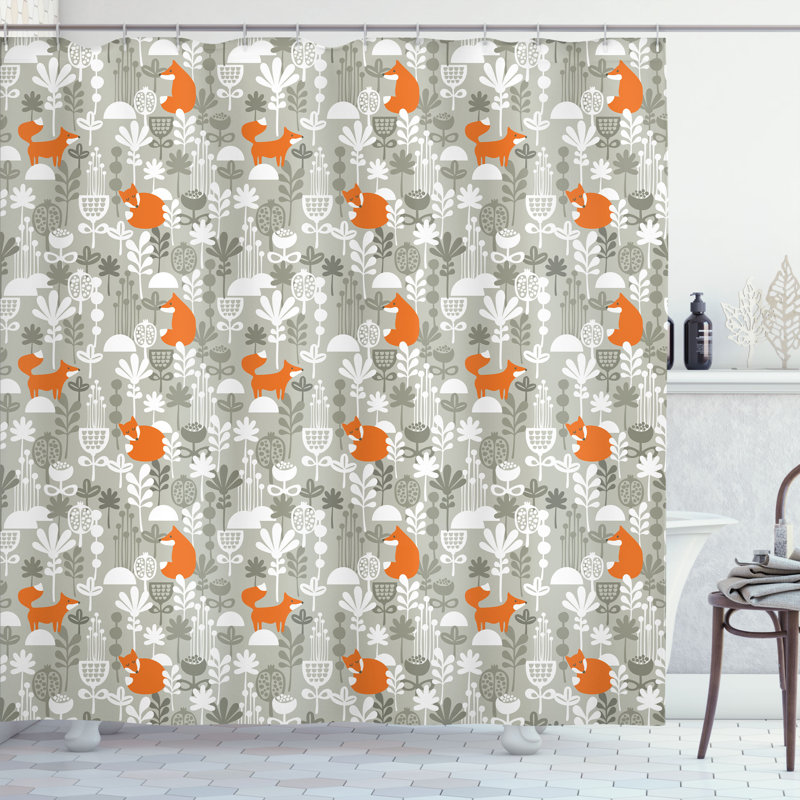 George Oliver Fox Shower Curtain Cartoon Flowers Orange Pale Sage Green ...