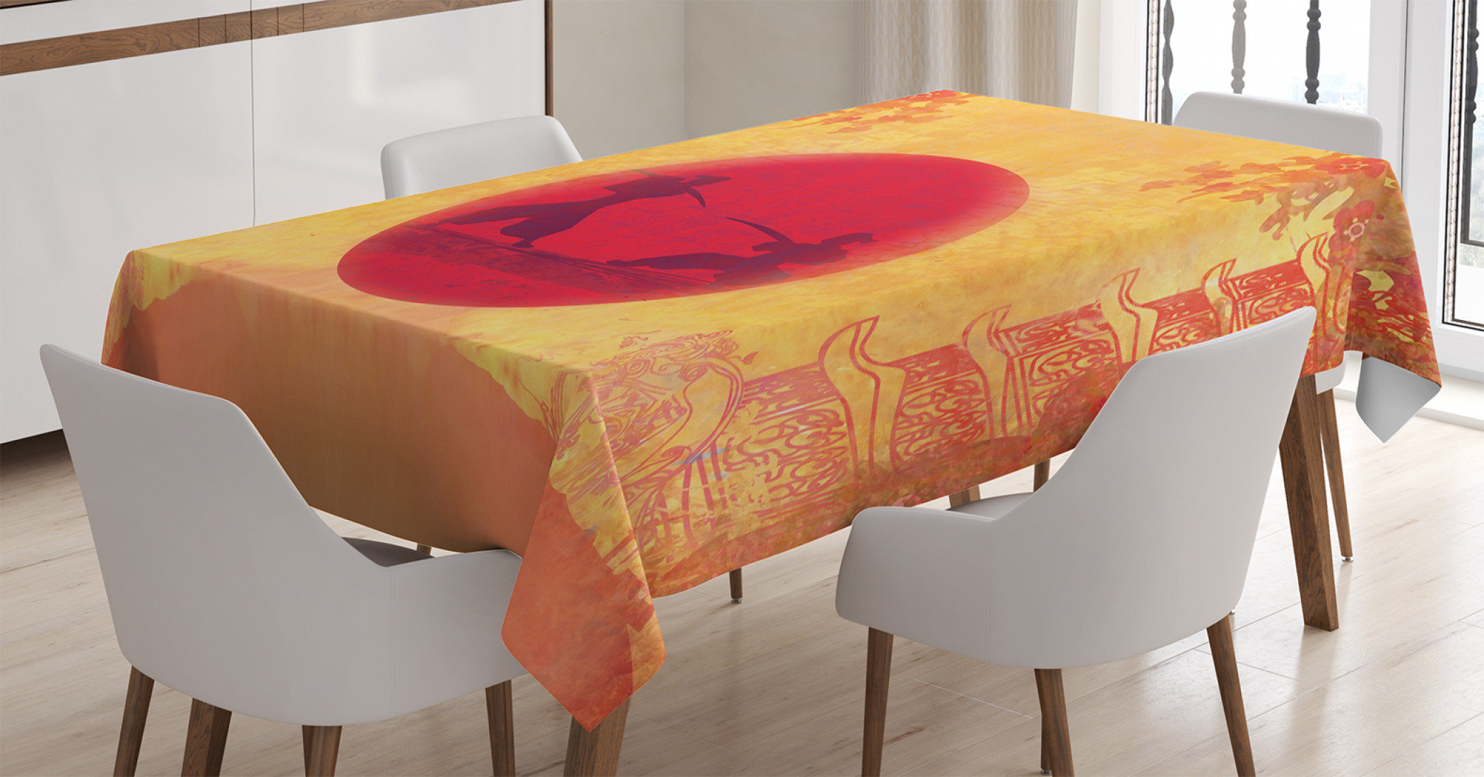 East Urban Home Japanese Tablecloth, Warrior Ninjas At Sunset Between ...