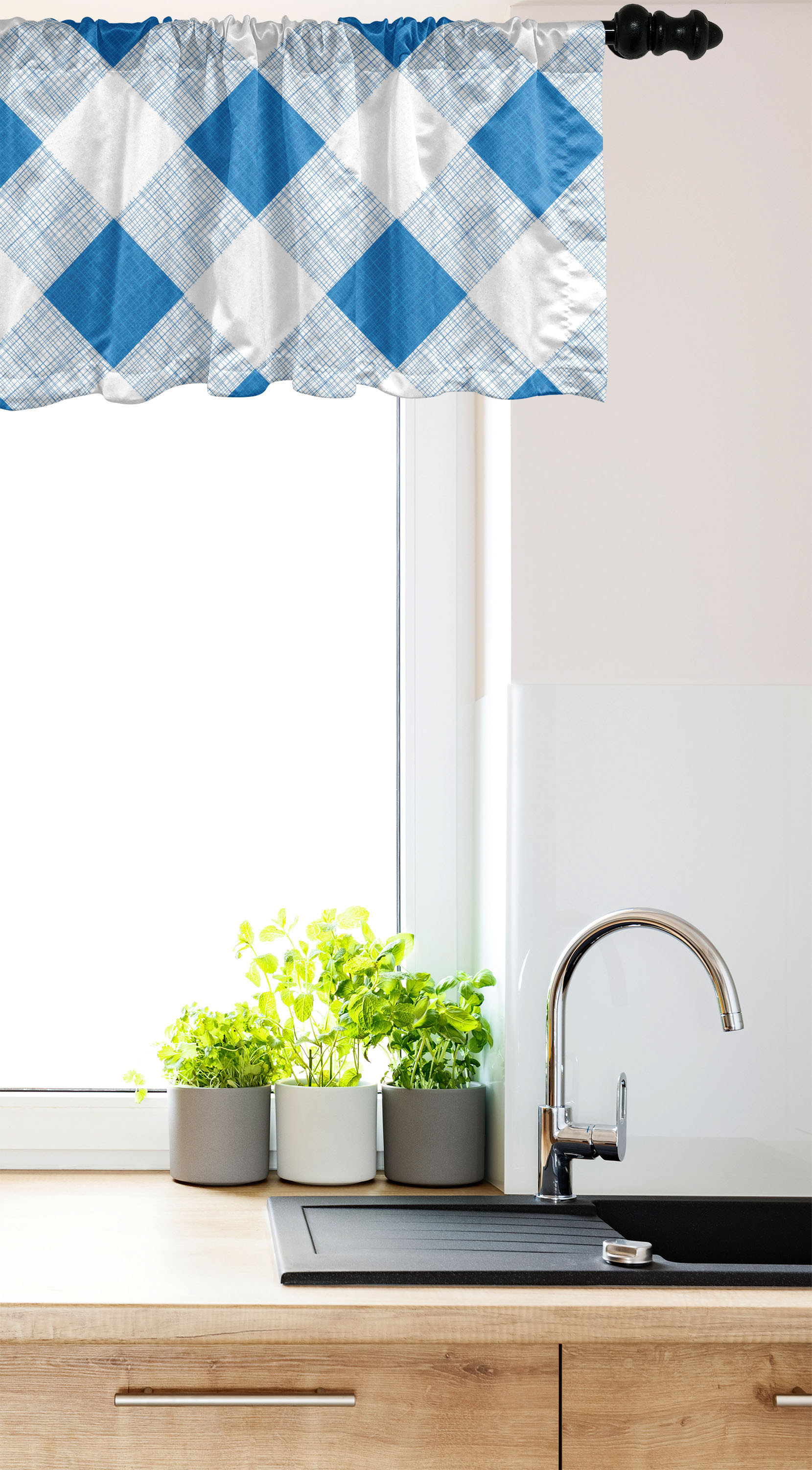 Ambesonne Blue and White Valance Pack of 2 Checkered Plaid Grid Azure ...