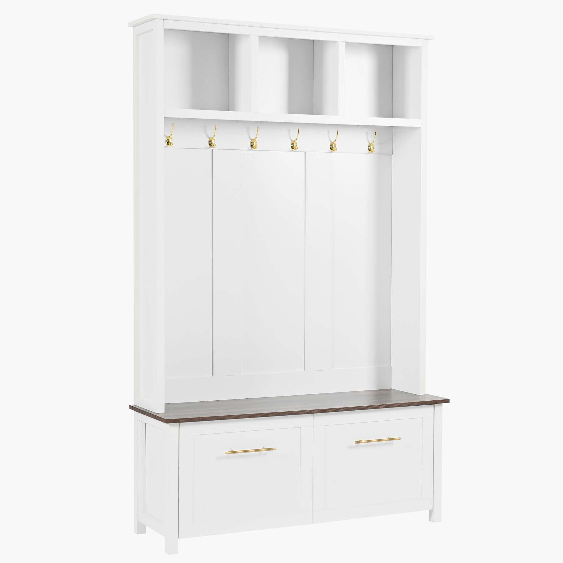 Gracie Oaks 4-in-1 Hall Tree with 6 Golden Hooks, Brown Wood Grain ...