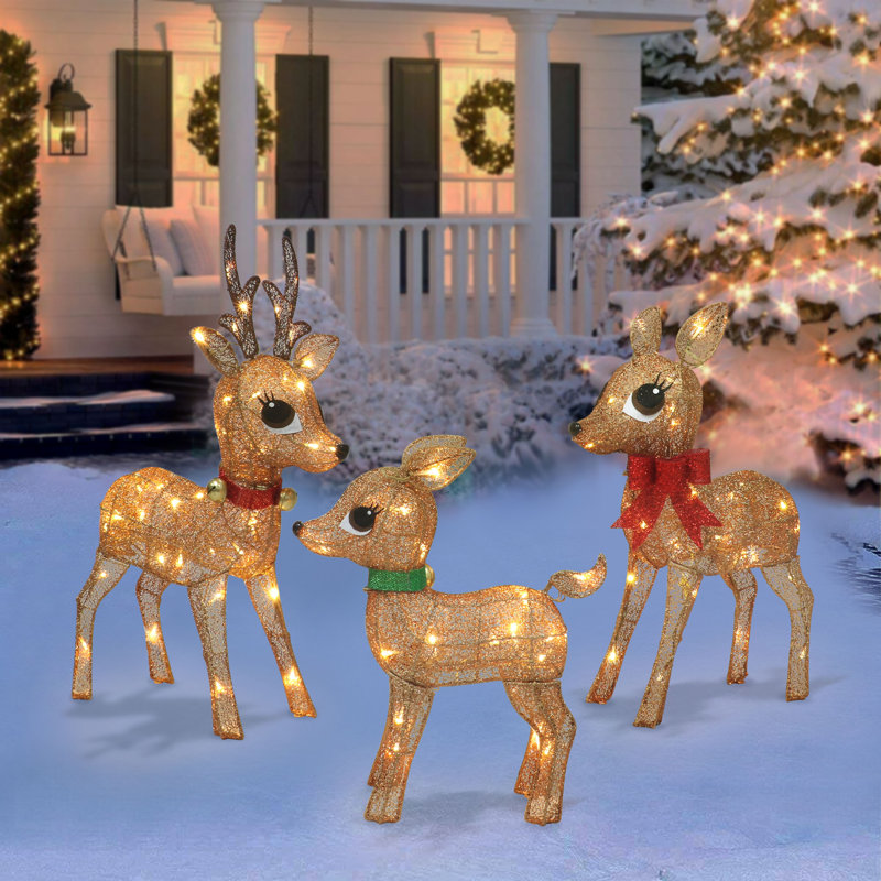 Red Barrel Studio® Set Of 3 Lighted Outdoor Wire Frame Deer | Wayfair