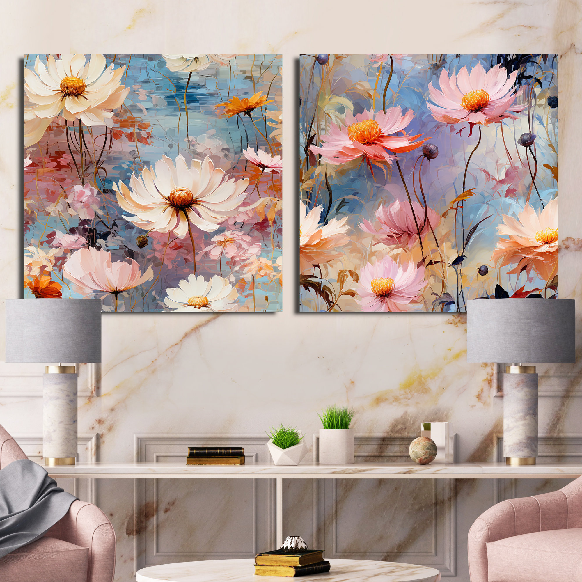 Design Art Pink Monets Garden Botanical Pattern - Floral Square Collage ...