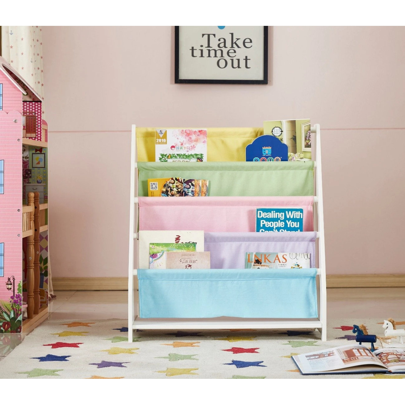 17 Stories Kids Wooden Canvas Sling Magazine Bookcase For Bedroom And ...
