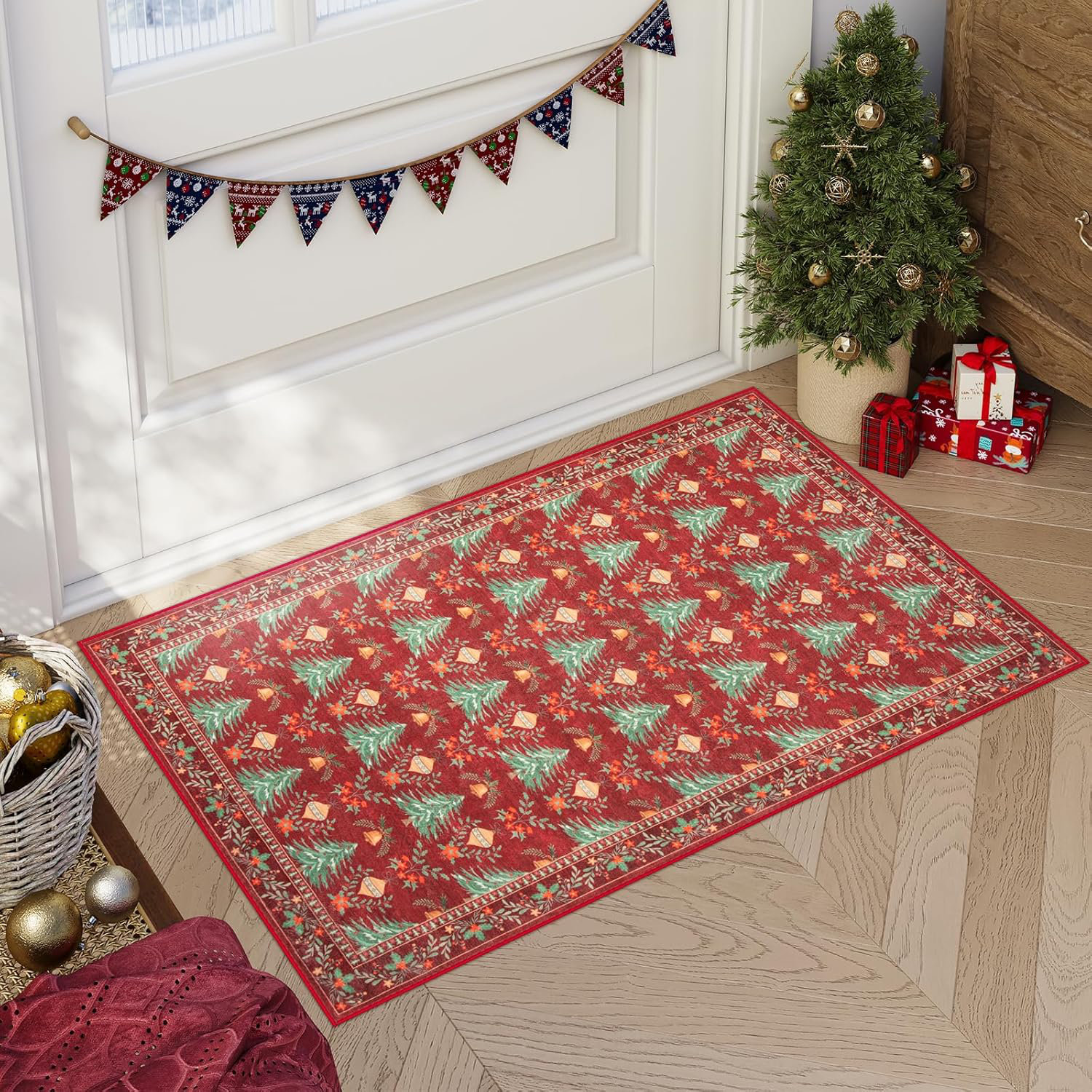 The Holiday Aisle® Christmas Washable 2x3 Rug, Non Slip Red Entryway ...