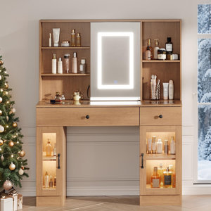 Blue Elephant Large Vanity Desk with Sliding Mirror, 3-Color LED Lights ...