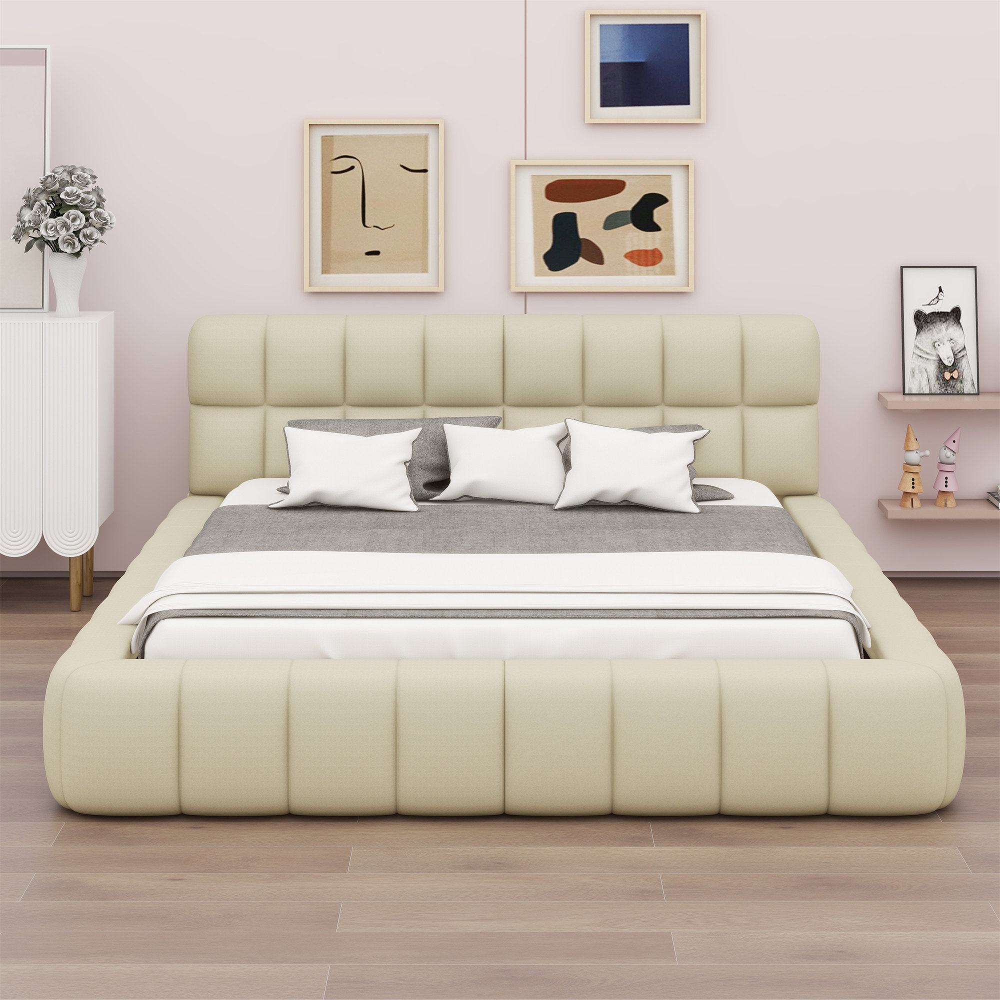 House of Hampton Upholstered Platform Bed With Thick Fabric, Grounded ...