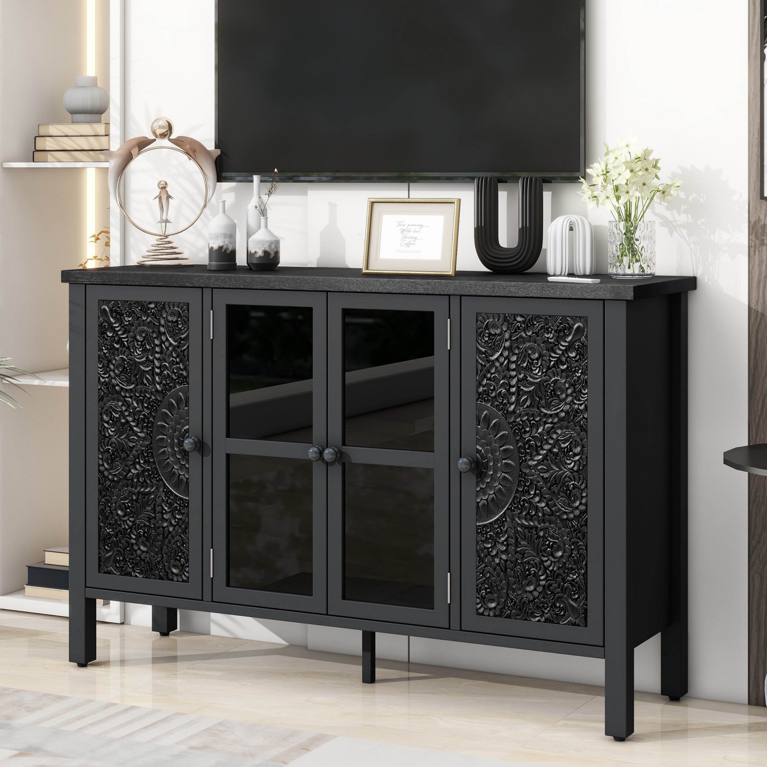 Alcott Hill® Vintage Entertainment Center Console with Glass Doors and ...