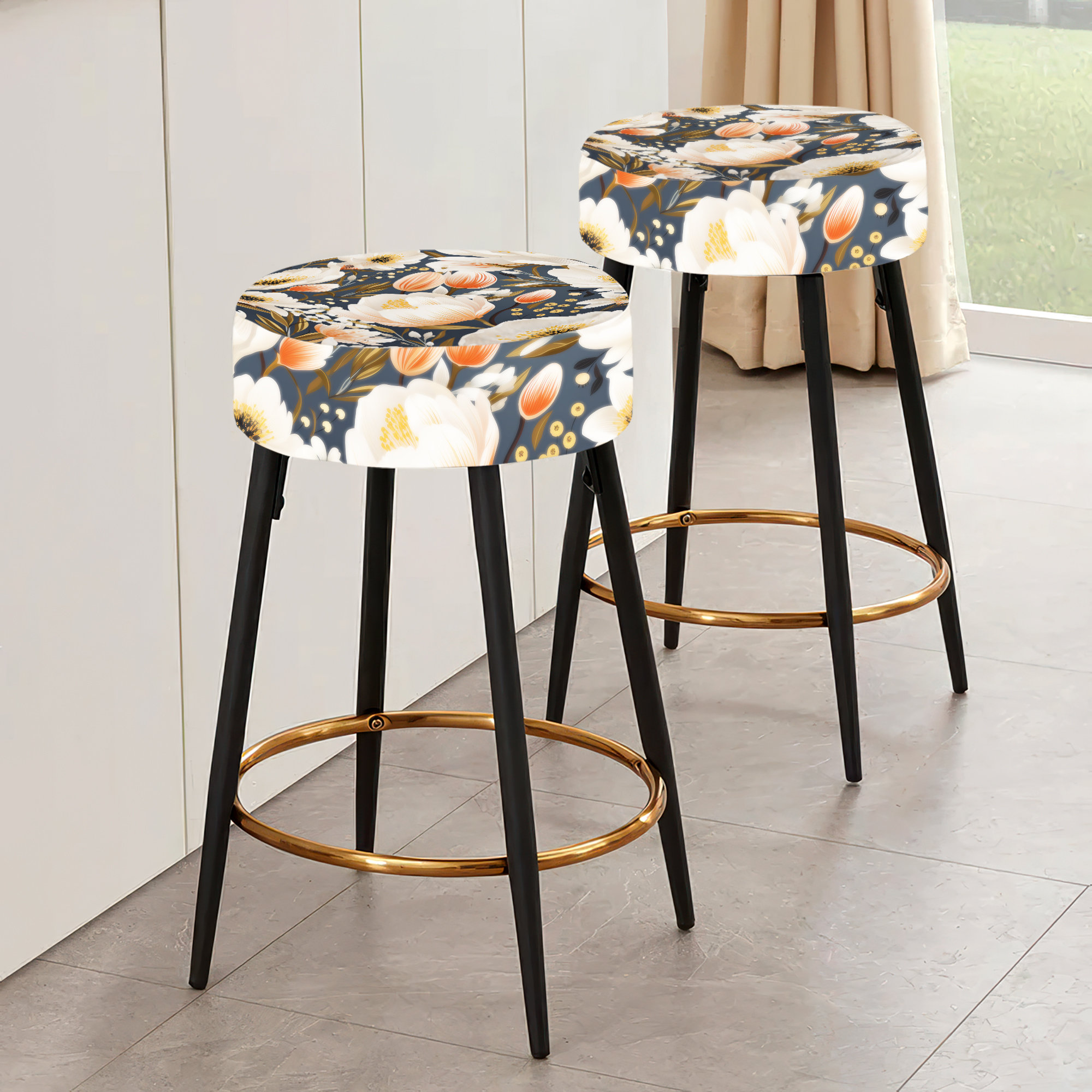 Design Art Beige Coastal Elegance Floral Pattern I - Floral Bar Stools ...