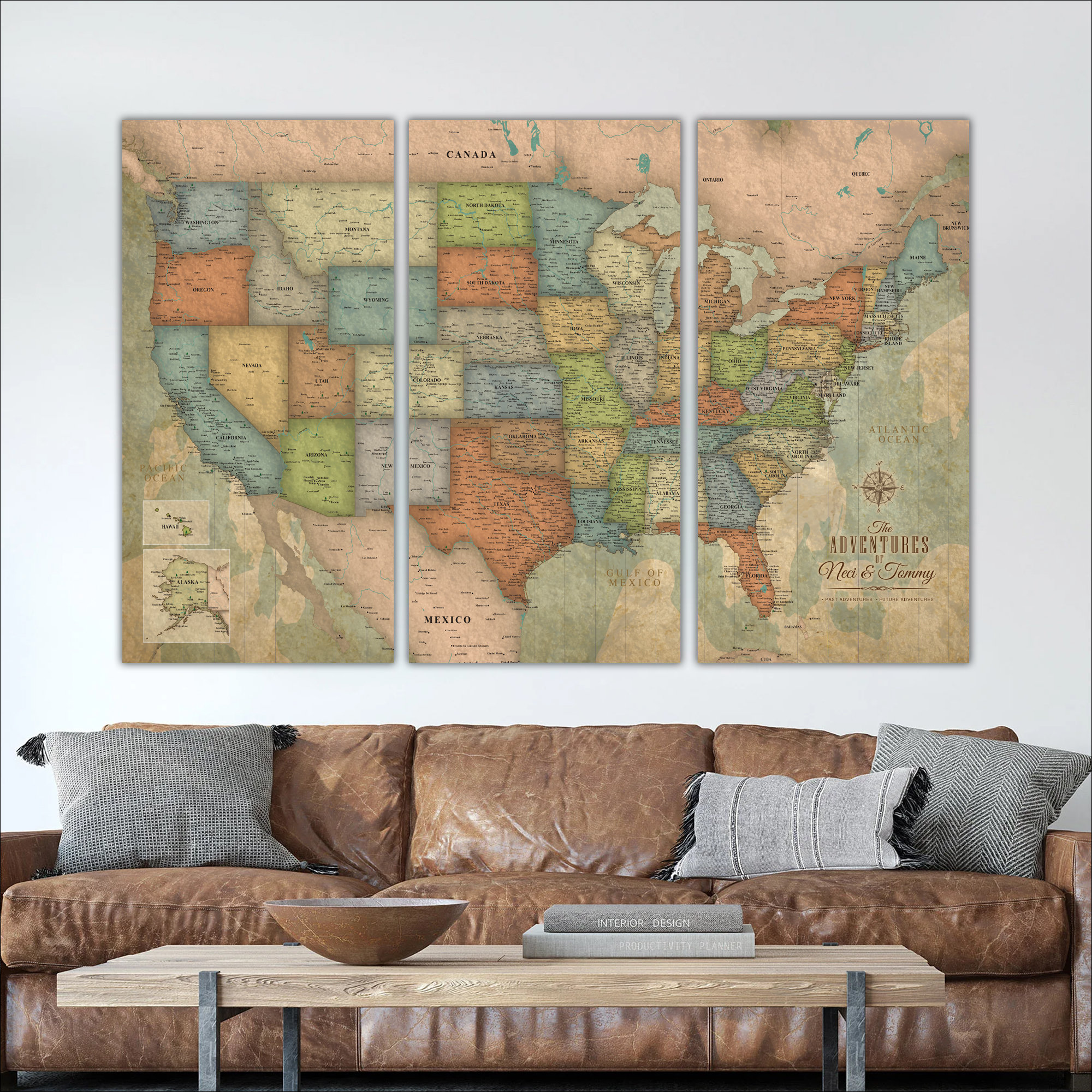 Holy Cow Canvas Personalized USA Push Pin Travel Map - 3 Panel | Wayfair