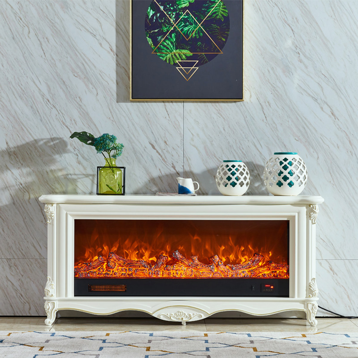 Canora Grey European-style carved and gilded solid wood heating electric simulated fireplace ...