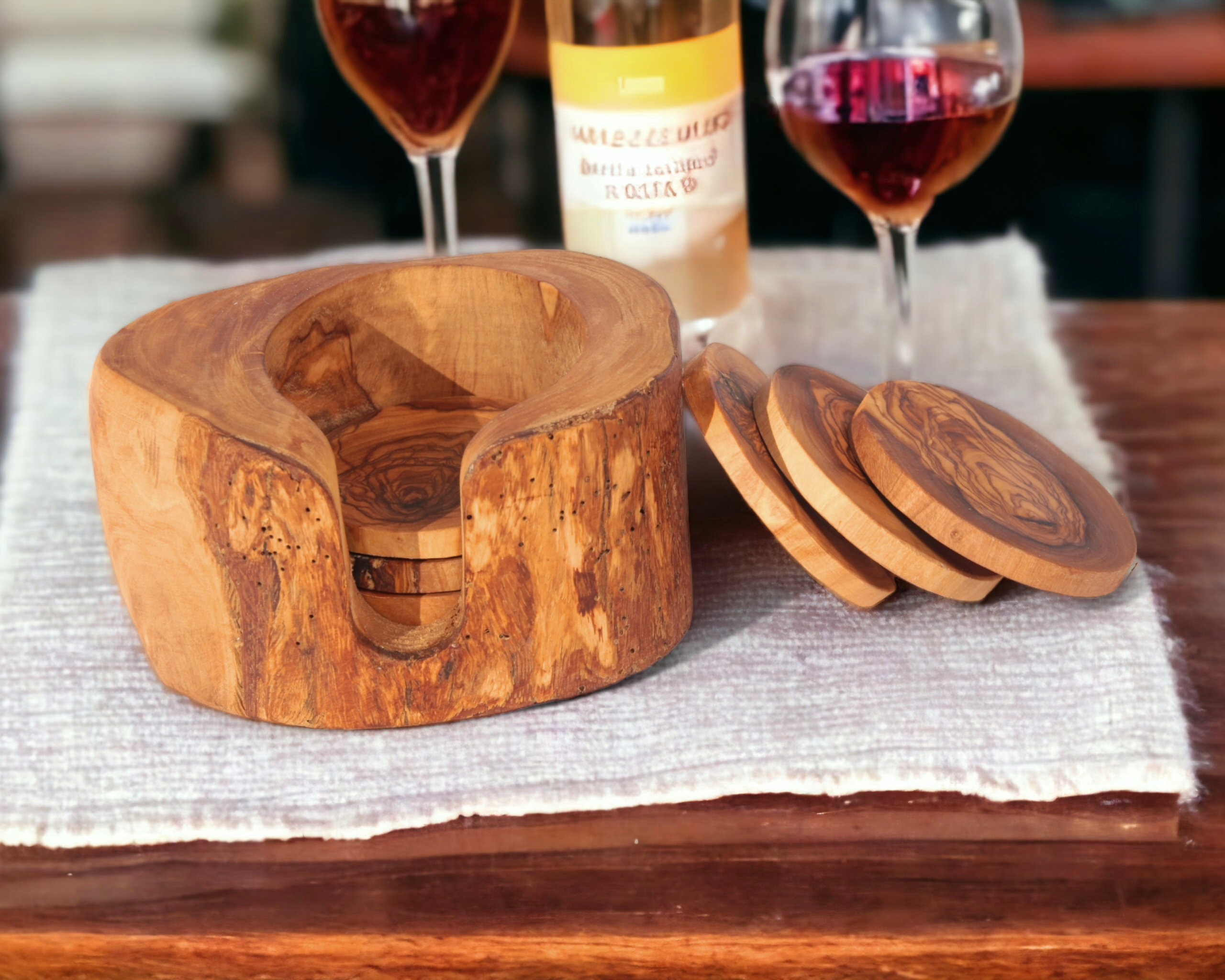 KAMSAH Handcrafted Olive Wood Coaster Set with Holder - Includes 6 ...