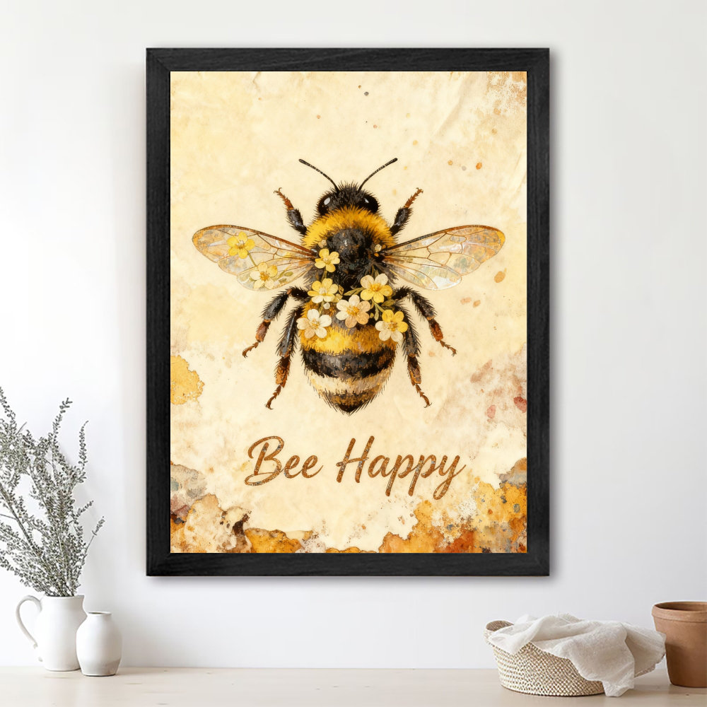 Charlton Home® Black Framed Vintage Bee Happy Wall Art Retro Style ...
