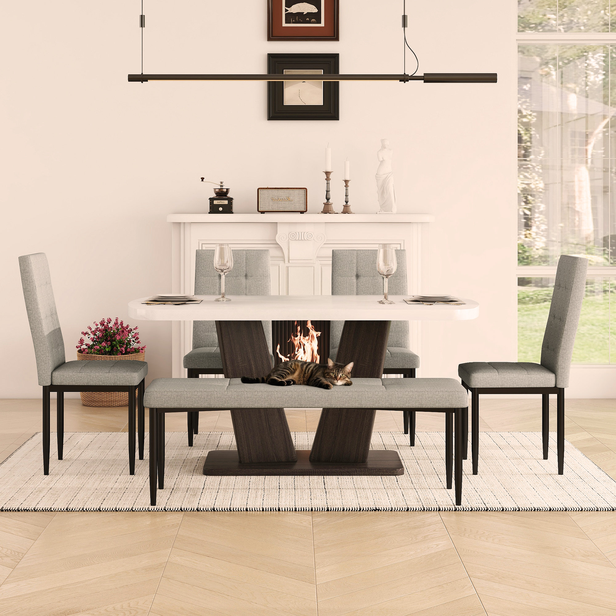 Orren Ellis 6-Piece Dining Table Set for 6, Faux Marble Table with V ...