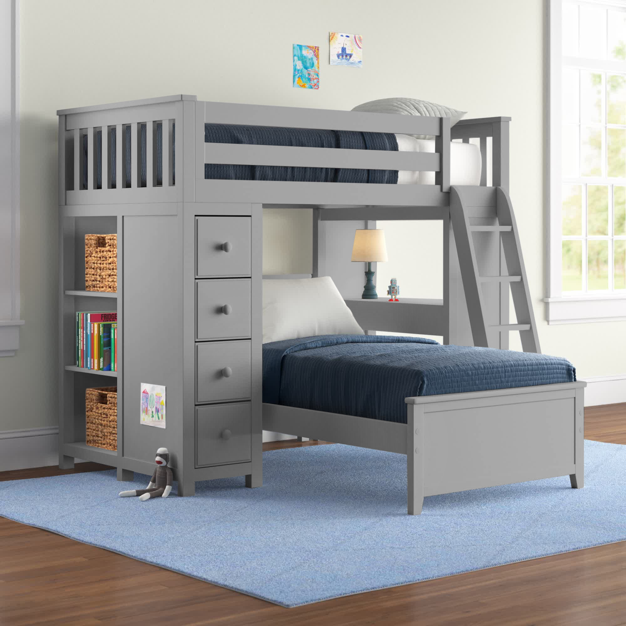 Harriet Bee Herminda Twin Solid Wood L-Shaped Bunk Beds with Bookcase ...