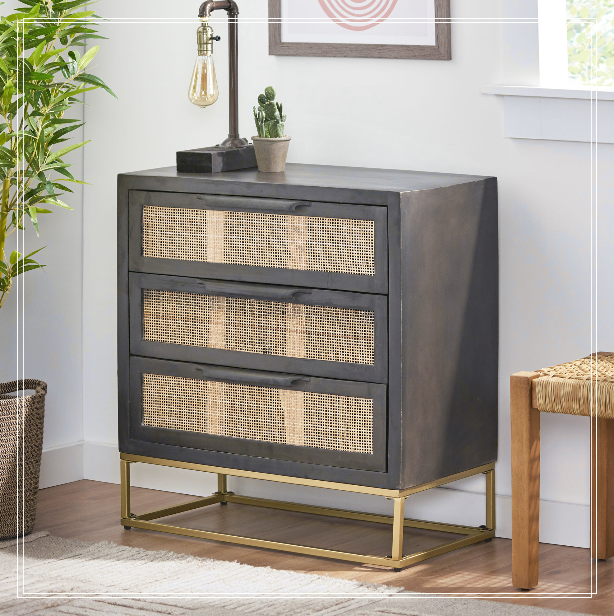 NRANTUM Mango wood natural cabinet with 3 drawers Modern accent cabinet ...